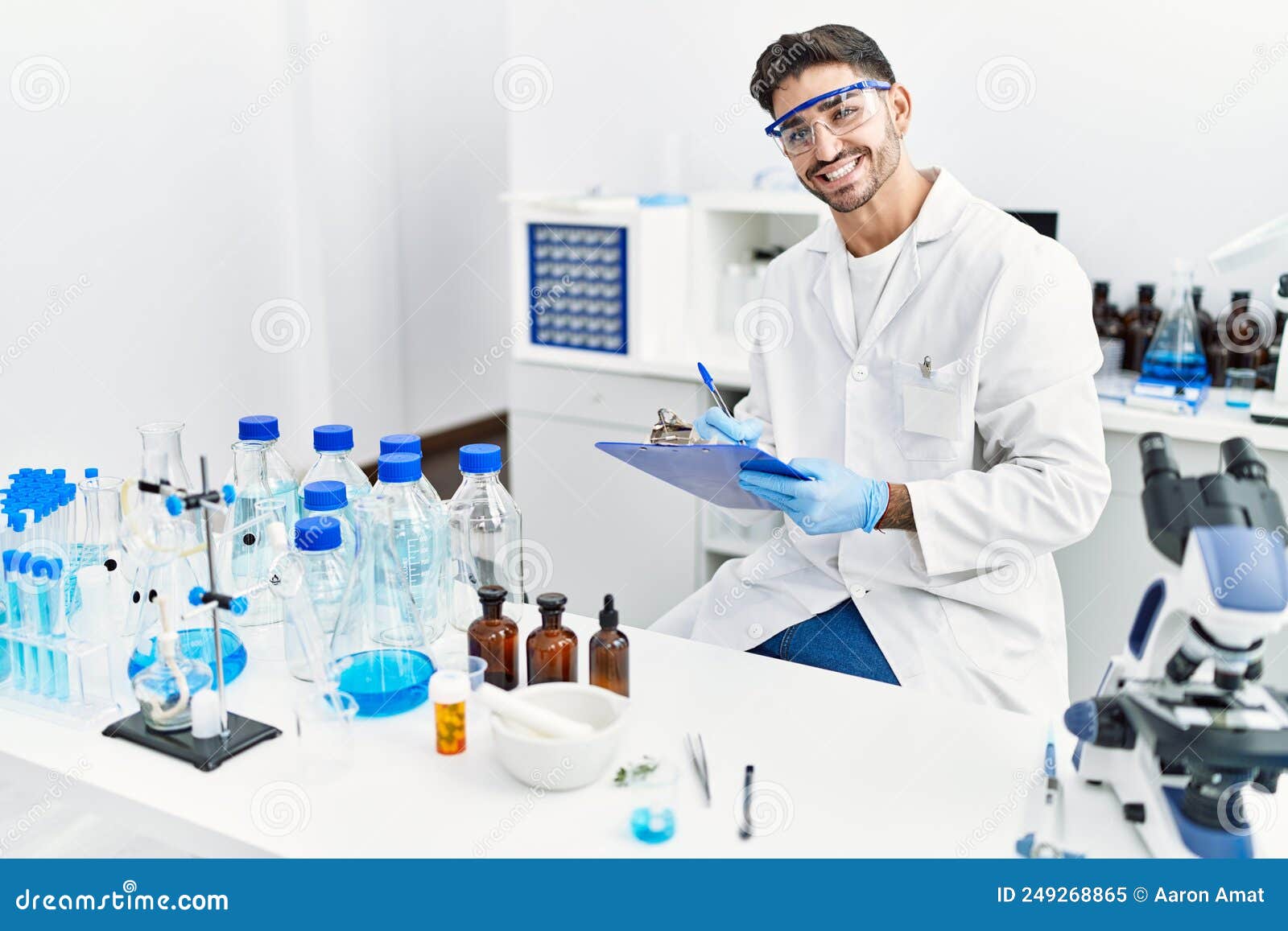 Handsome Hispanic Man Working As Scientific at Laboratory Stock Image ...