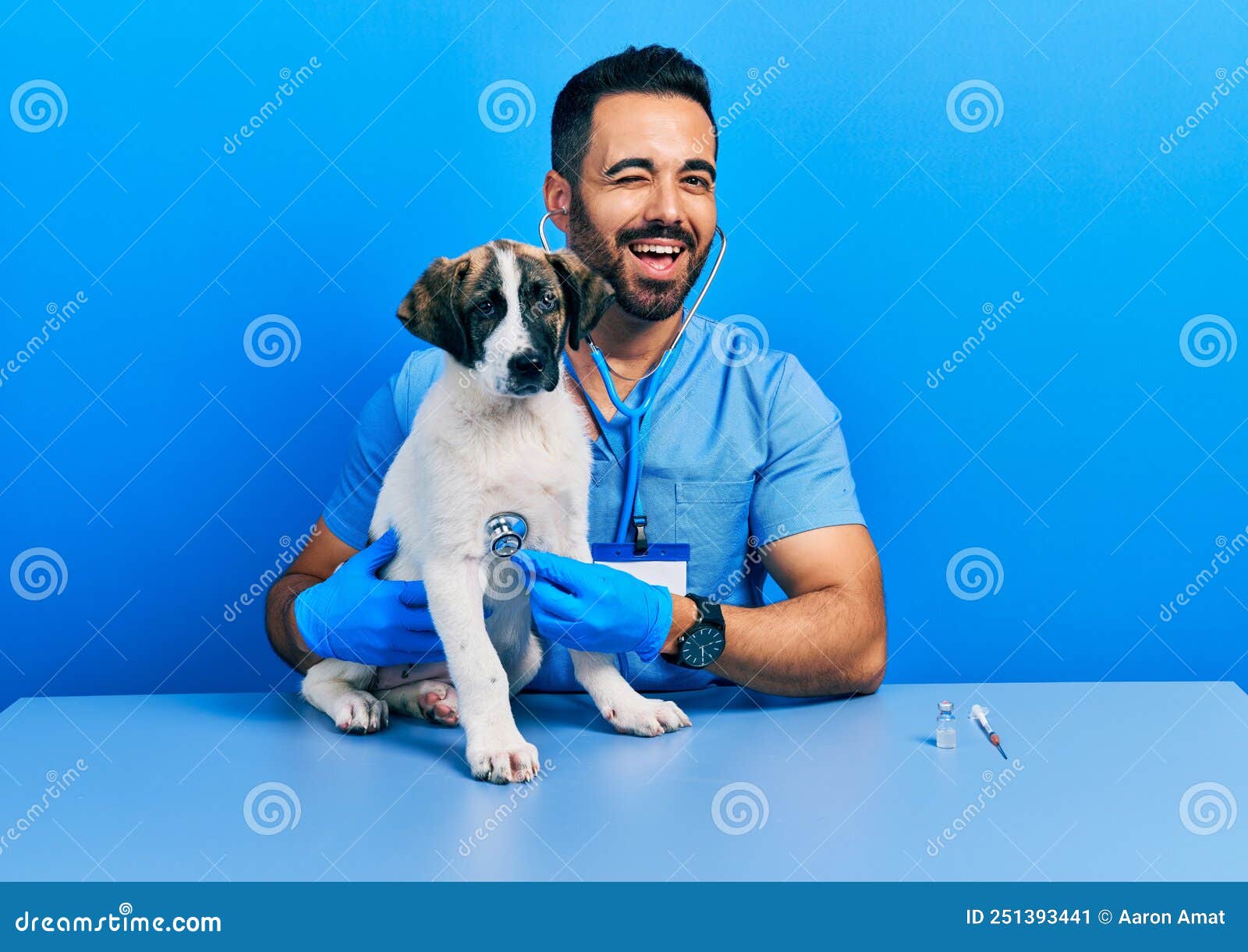 Handsome Hispanic Veterinary Man with Beard Checking Dog Health Using ...