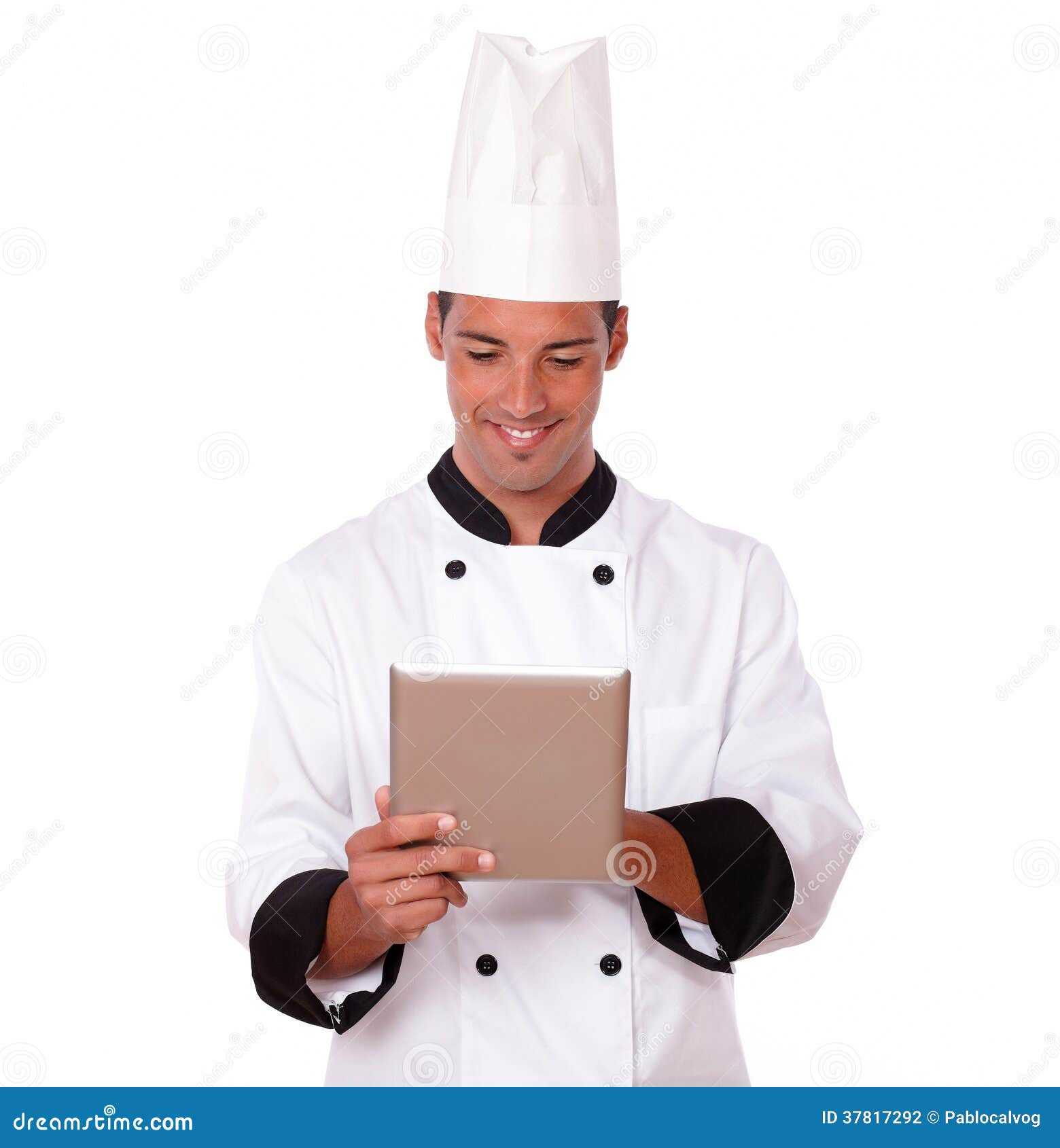 Handsome Latin Chef Using His Tablet Pc Stock Photo - Image of ...