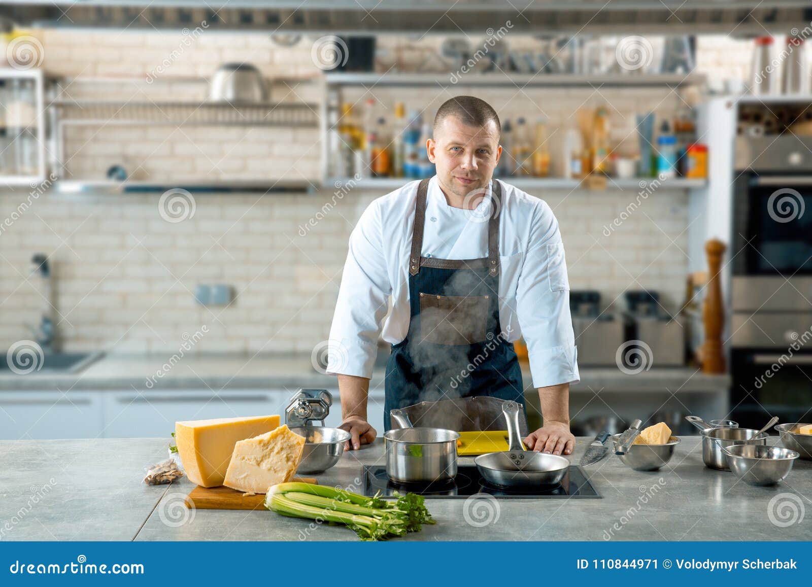 Handsome Male Chef in the Kitchen Interior Stock Image - Image of ...
