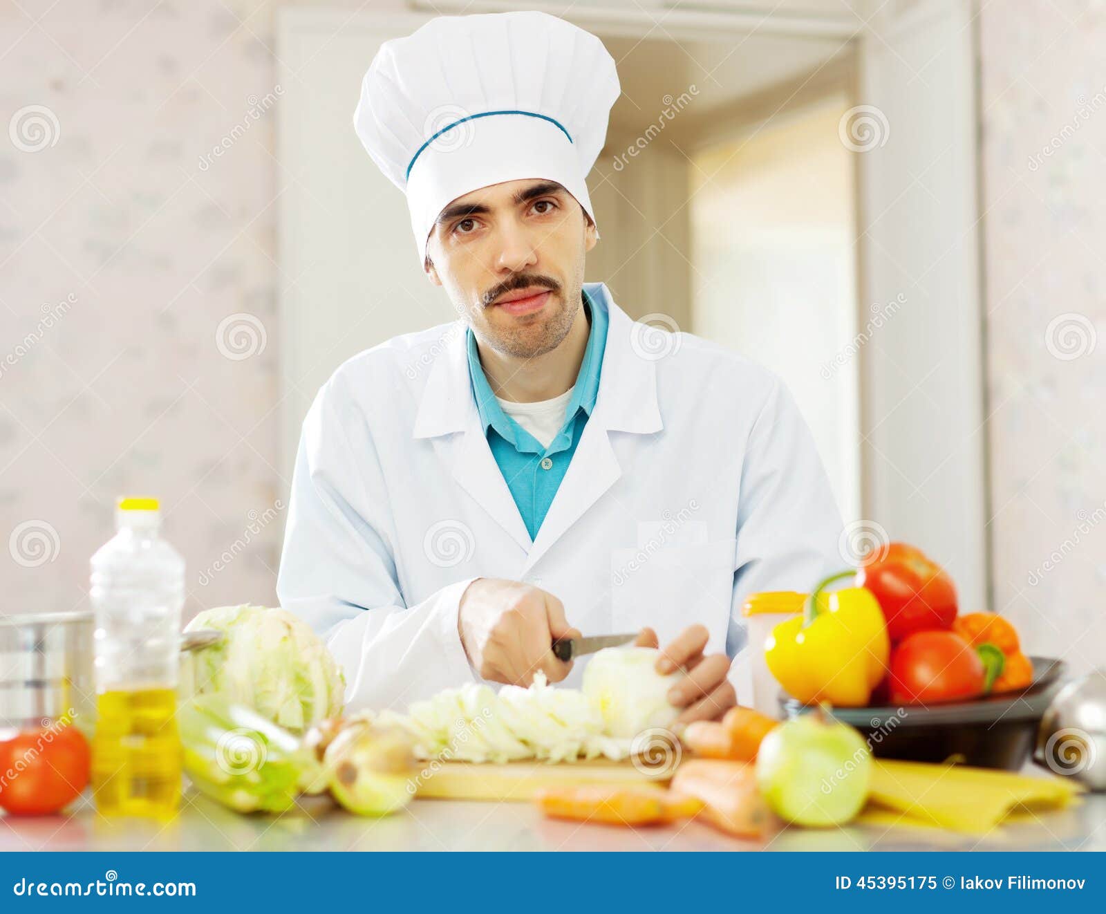 Handsome Male Cook Does Vegetarian Lunch Stock Image - Image of knife ...