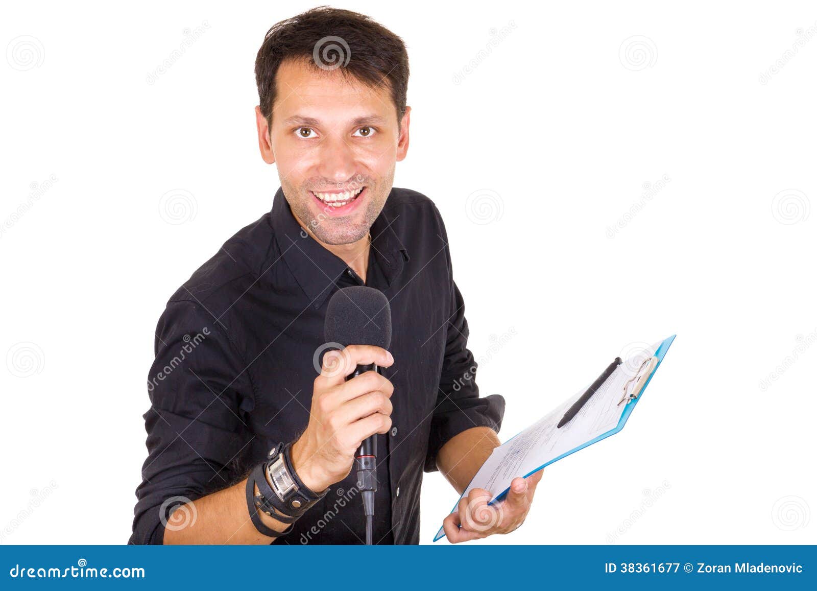 Handsome Male Journalist Reporting News on Microphone with Notes Stock ...