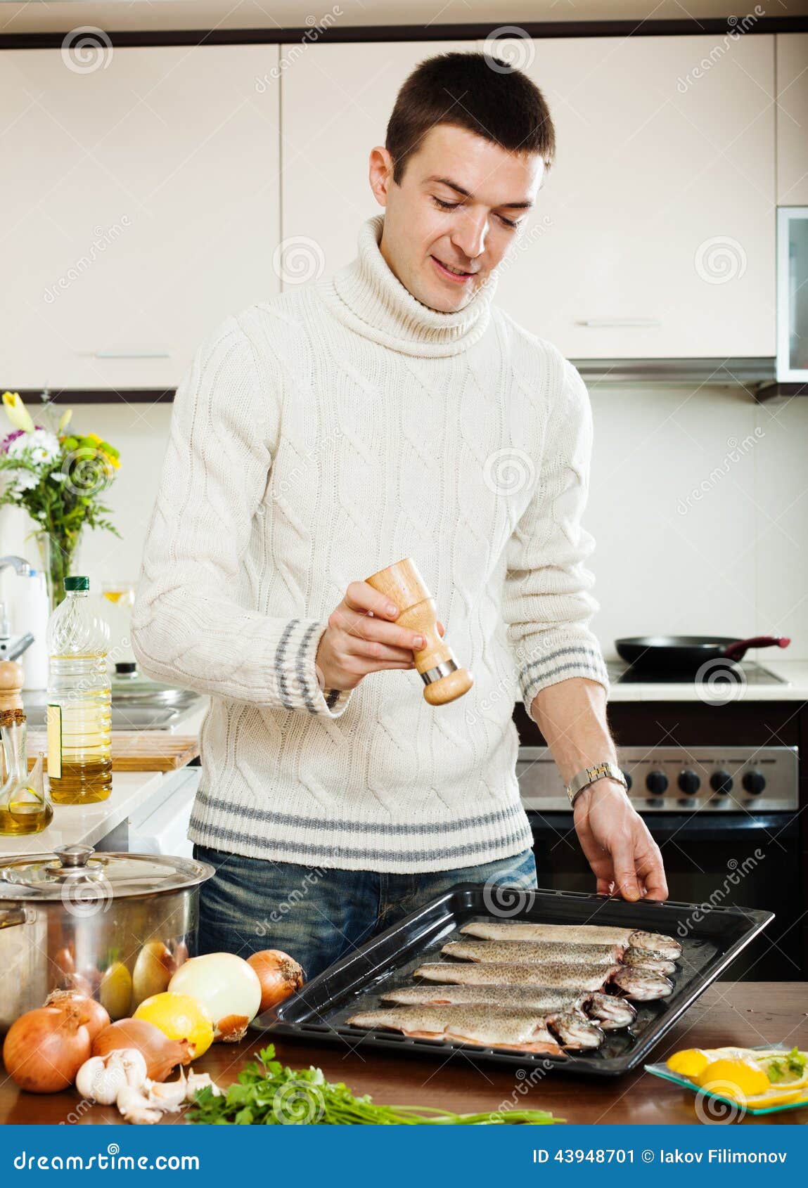 Handsome Man Adding Spices in Raw Fish Stock Image - Image of food ...
