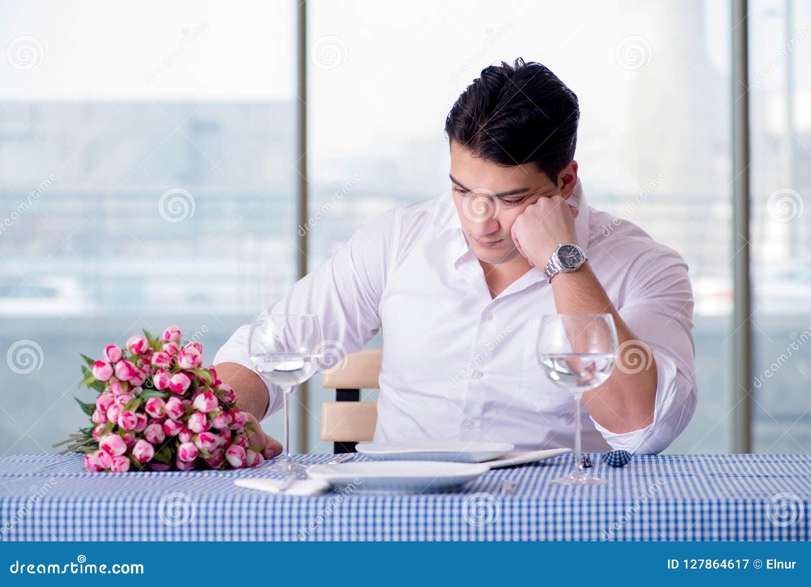 The Handsome Man Alone in Restaraunt on Date Stock Image - Image of ...