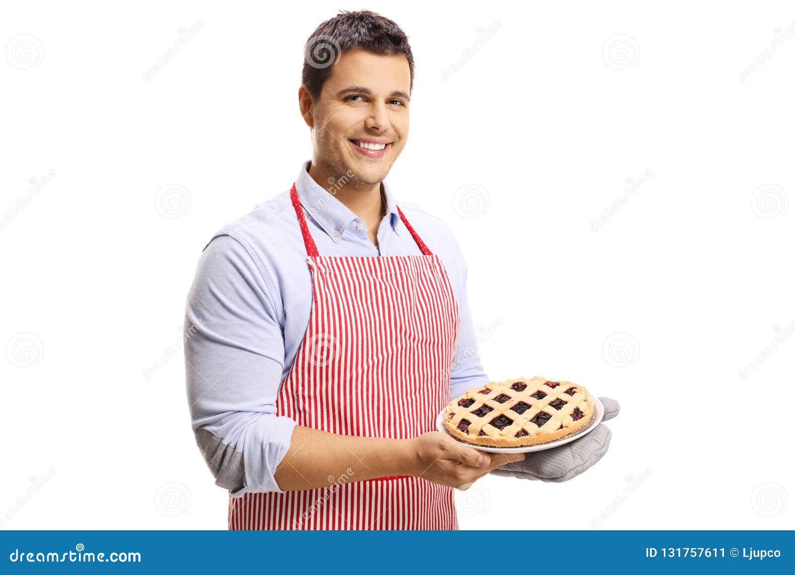 Handsome Man with Apron Holding a Cherry Pie Isolated on White ... Handsome Man with Apron Holding a Cherry Pie Isolated on White ...