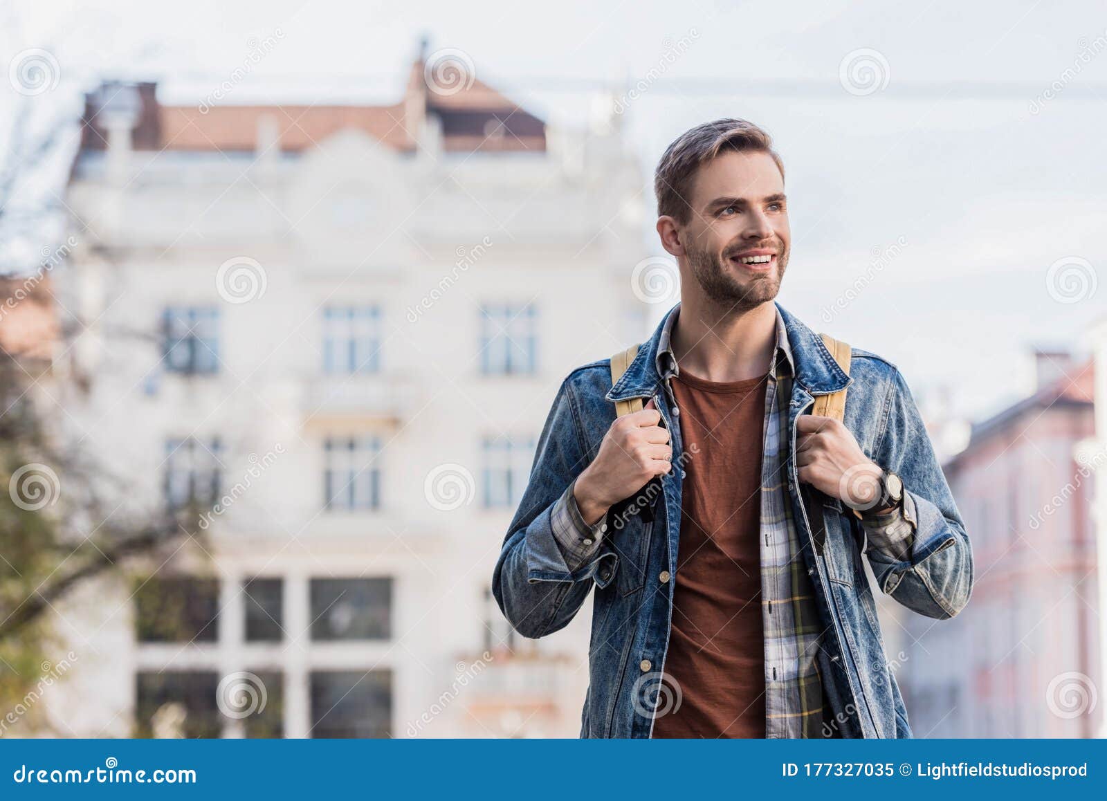 Handsome Man with Backpack Smiling in Stock Image - Image of time ...