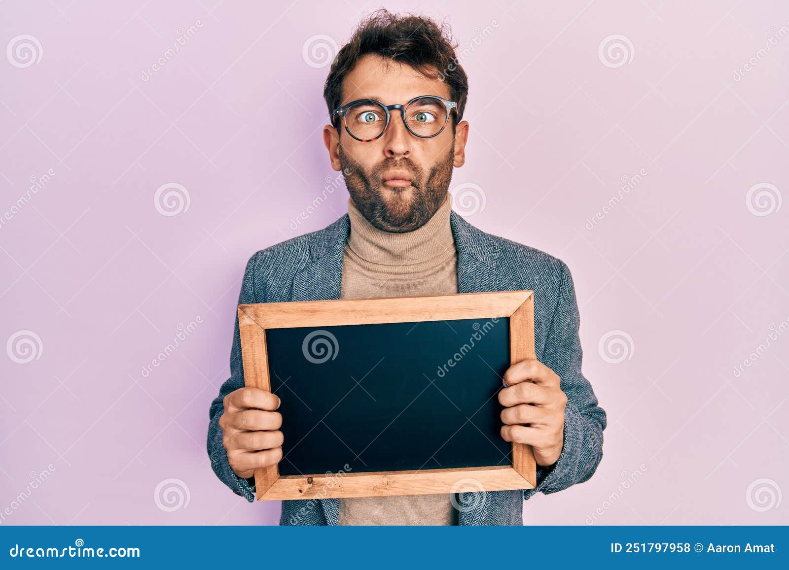 Handsome Man with Beard Holding Blackboard Making Fish Face with Mouth ...