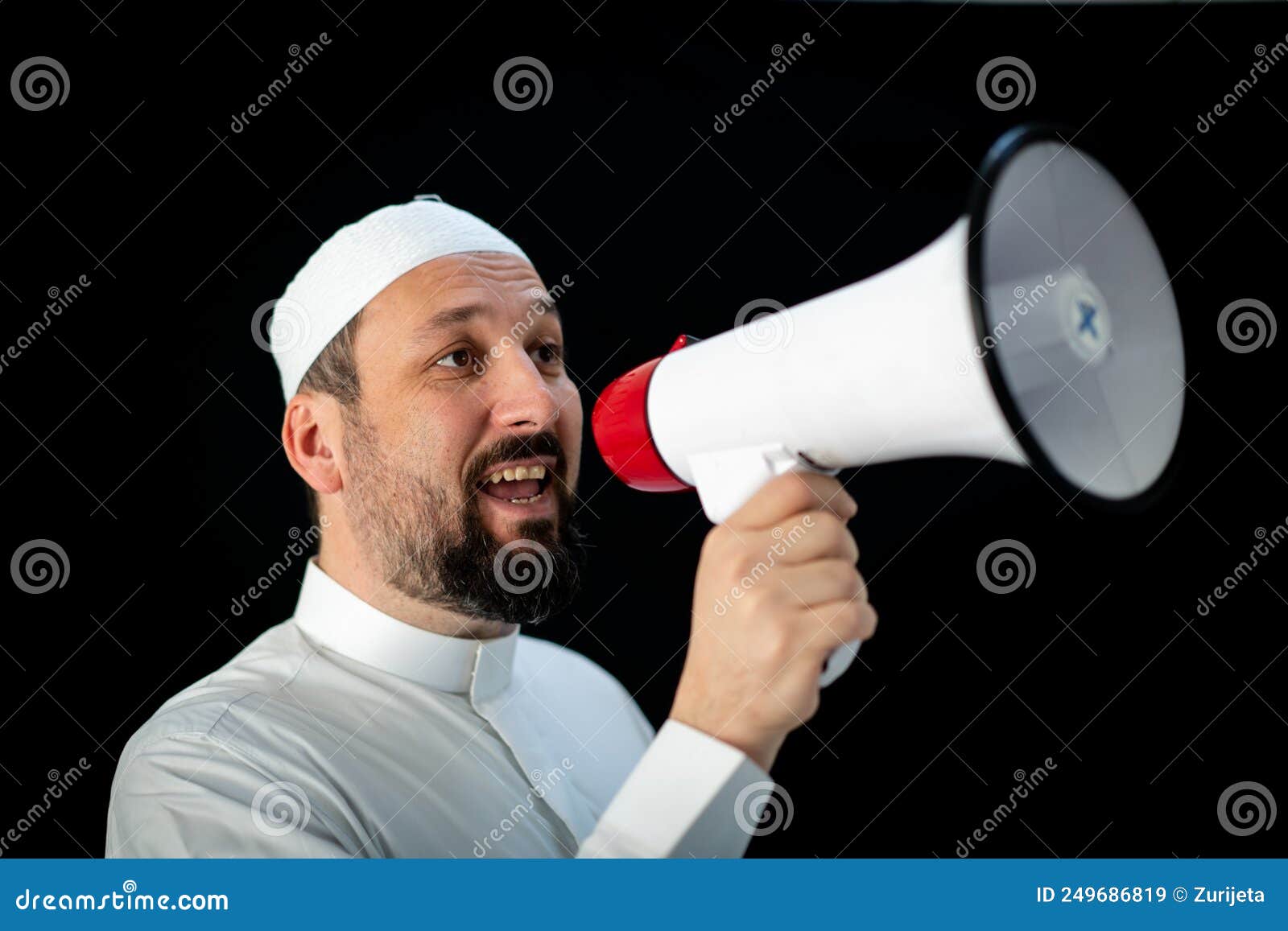 Muslim Man with Beard Shouting through Megaphone Calling for Hajj Stock ...