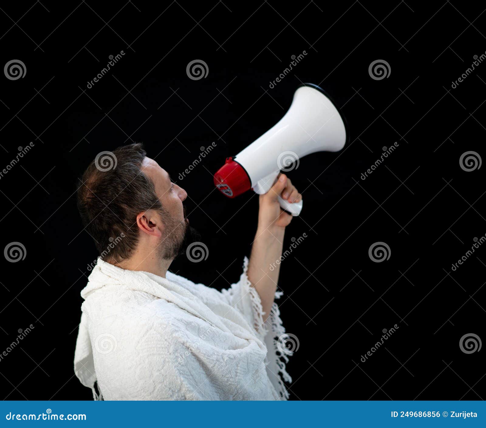 Muslim Man with Beard Shouting through Megaphone Calling for Hajj Stock ...