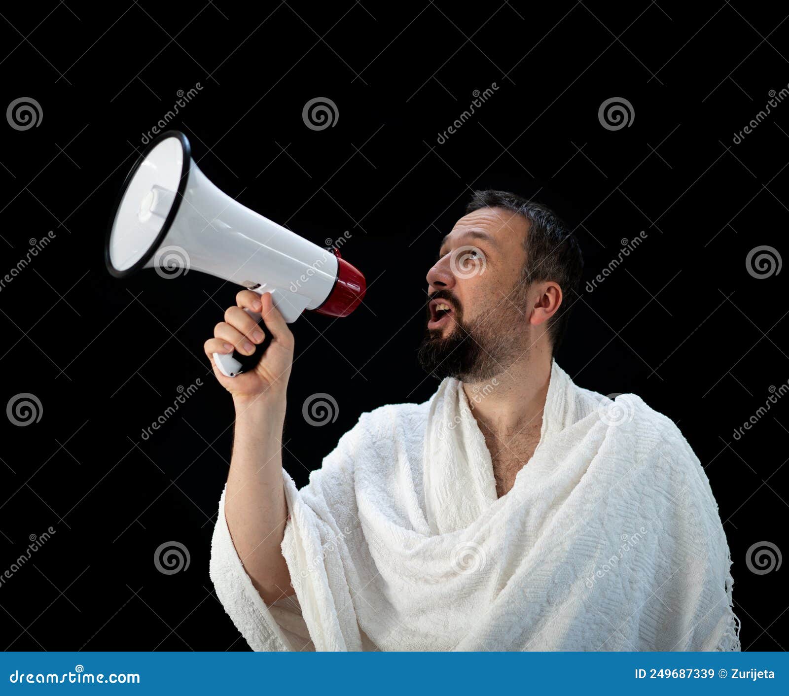 Muslim Man with Beard Shouting through Megaphone Calling for Hajj Stock ...