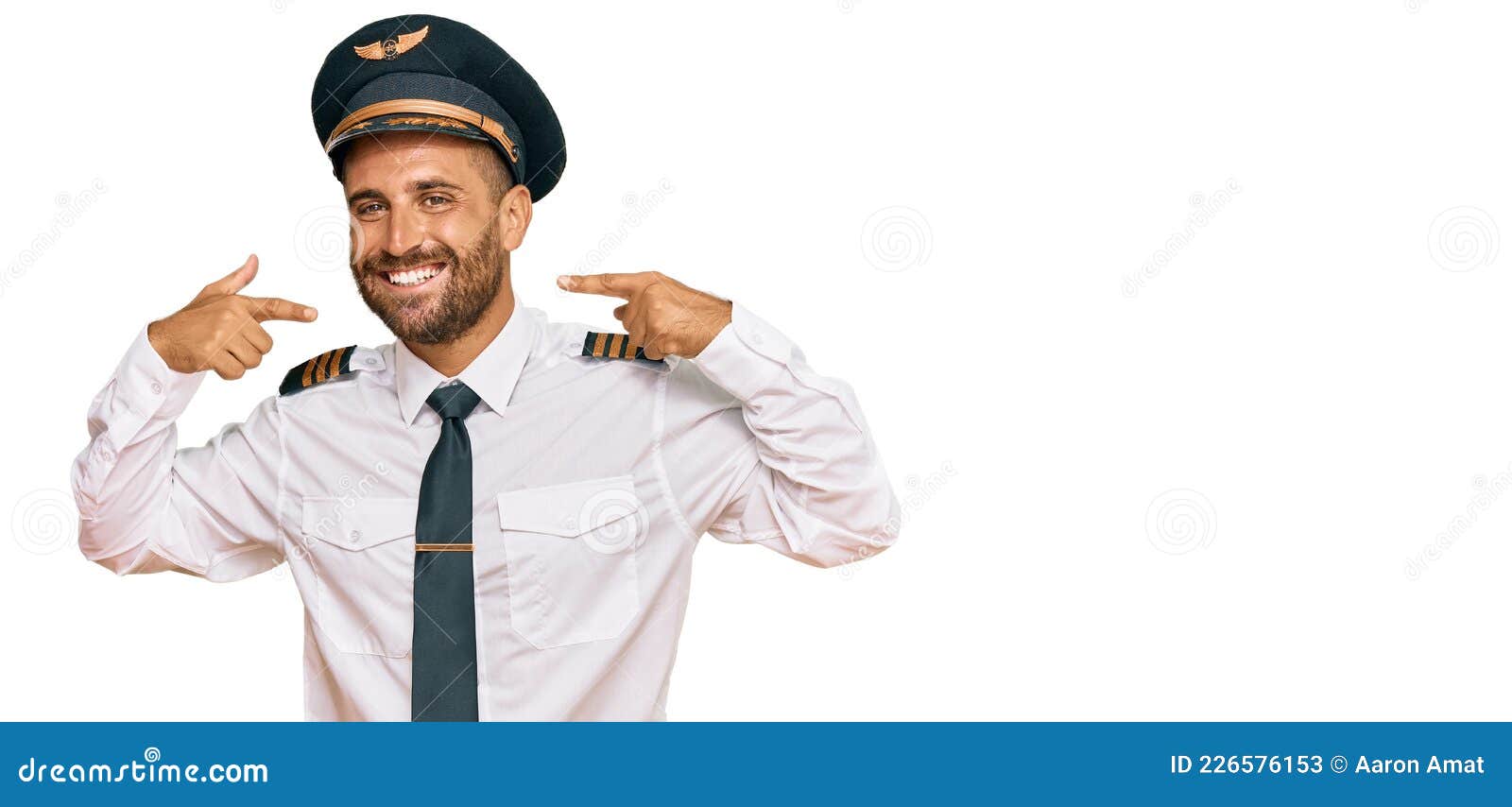 Handsome Man With Beard Wearing Airplane Pilot Uniform Smiling Cheerful
