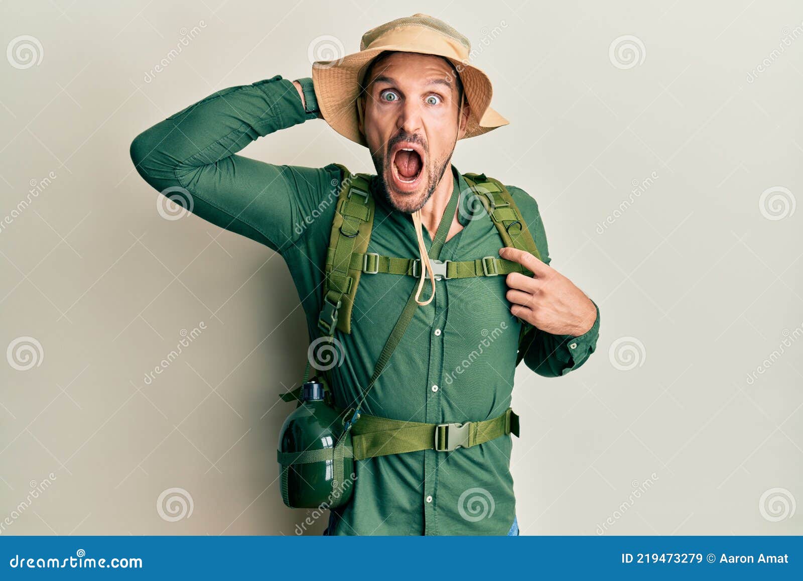 Handsome Man with Beard Wearing Explorer Hat and Backpack Crazy and ...