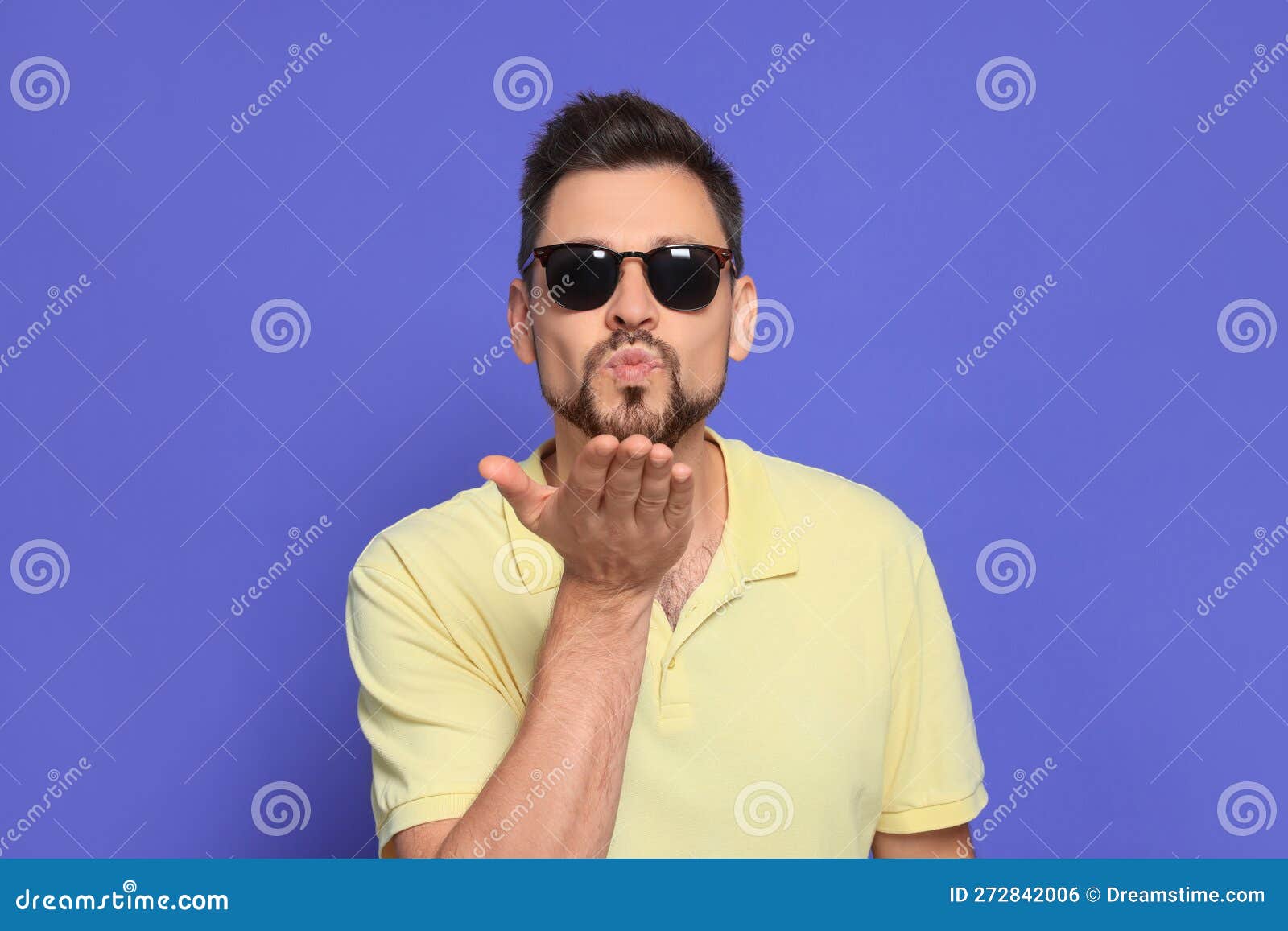 Handsome Man Blowing Kiss on Violet Stock Photo - Image of human ...