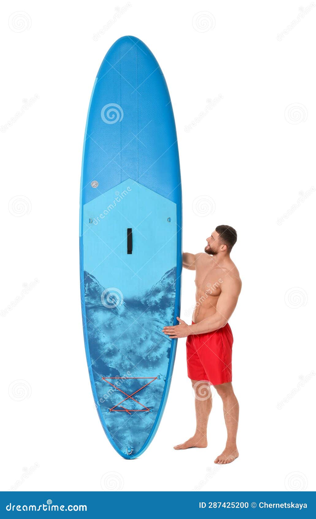 Handsome Man with Blue SUP Board on White Background Stock Photo ...