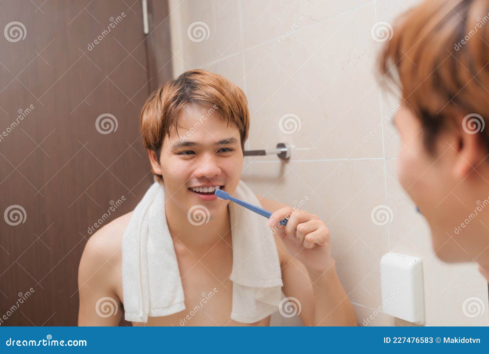 Handsome Man Brushing His Teeth in Morning in Bathroom Stock Image ...