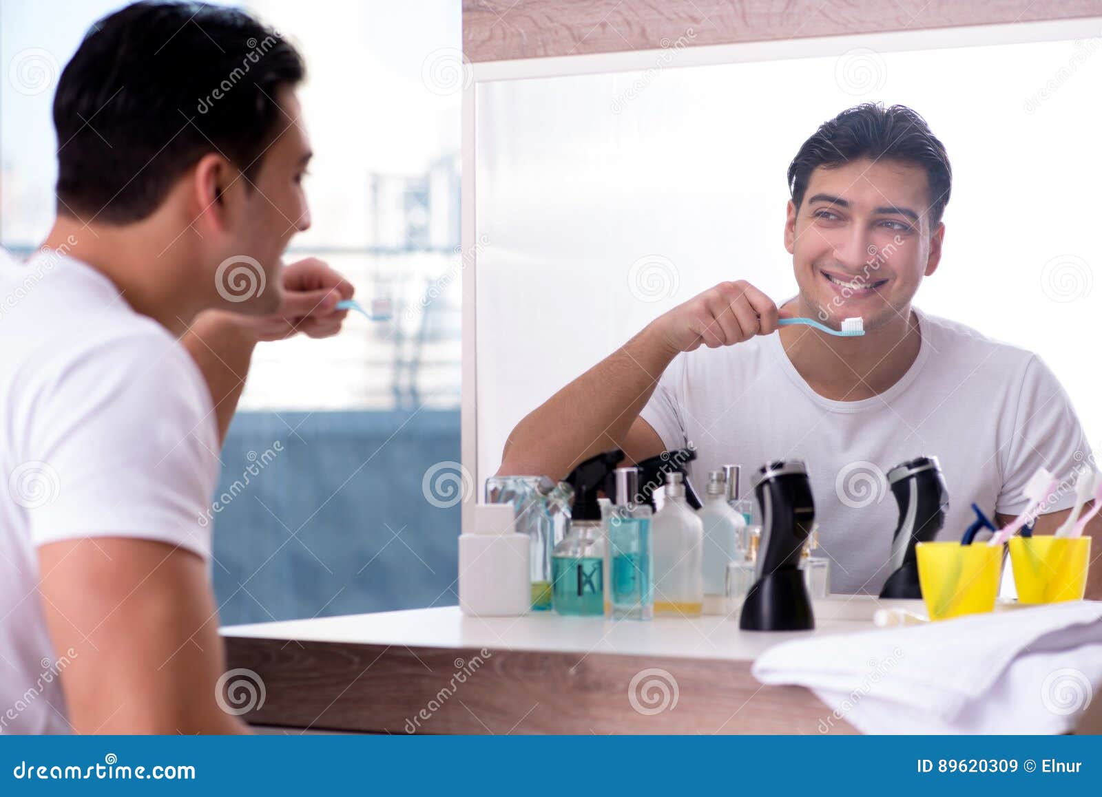 The Handsome Man Brushing Teeth in the Morning Stock Image - Image of ...
