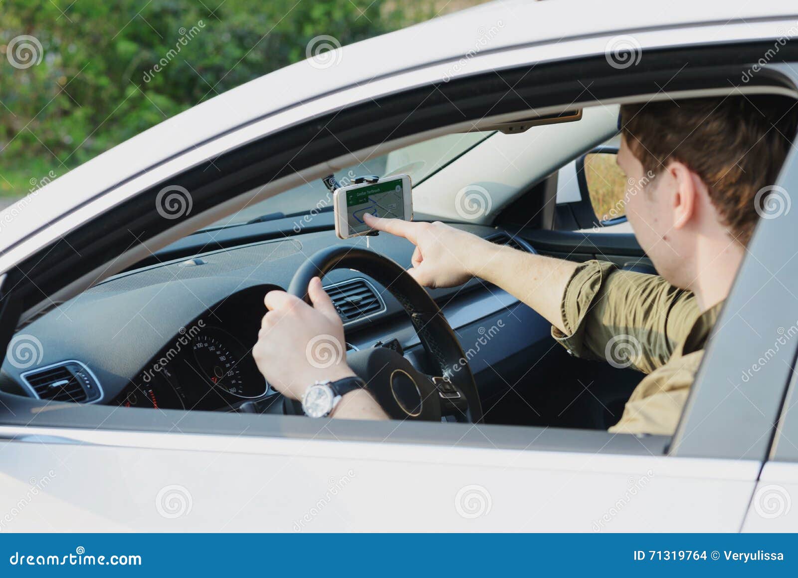 Handsome Man in Car Points at Navigation Stock Photo - Image of happy ...