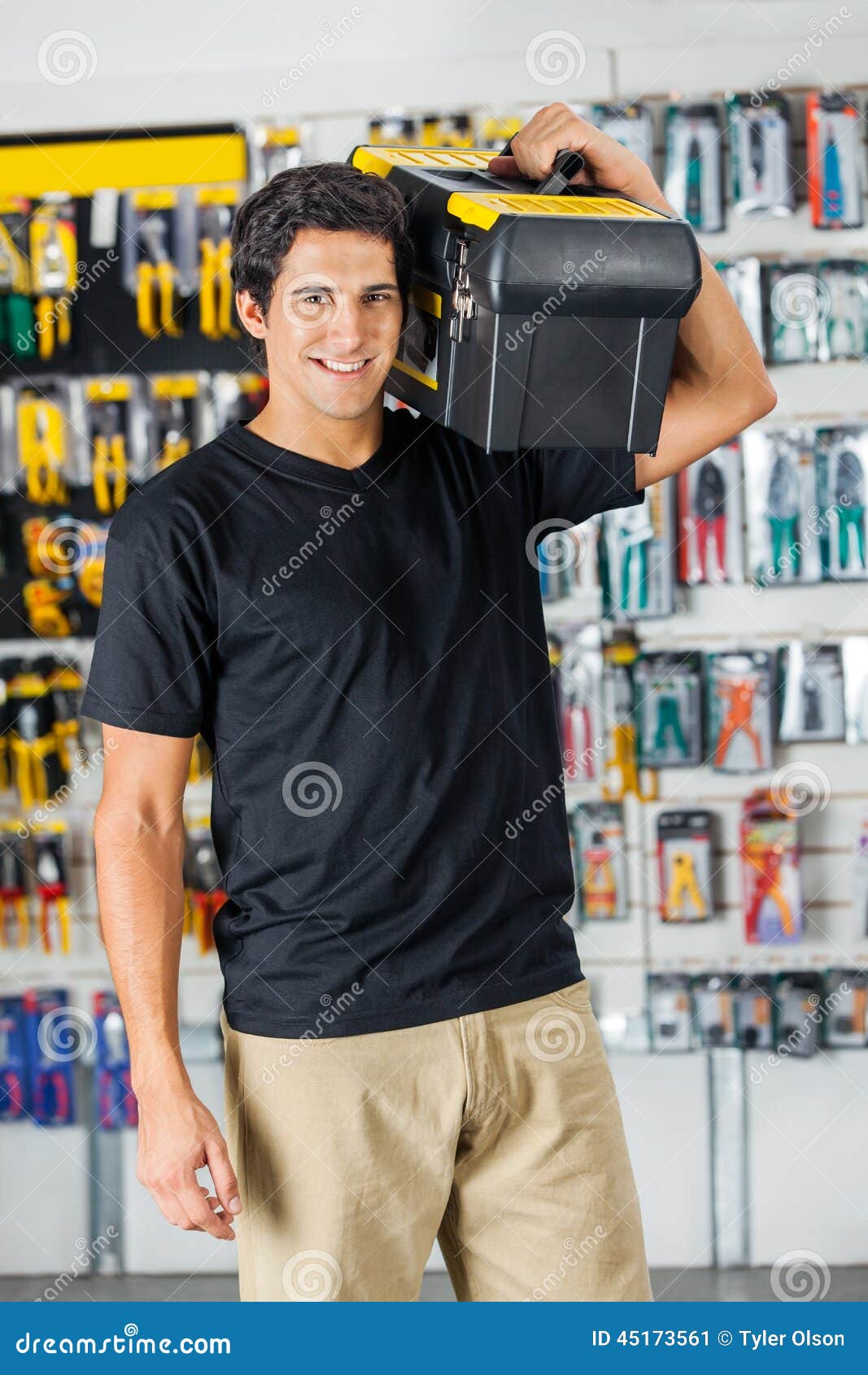 Handsome Man Carrying Toolbox on Shoulder in Store Stock Image - Image ...