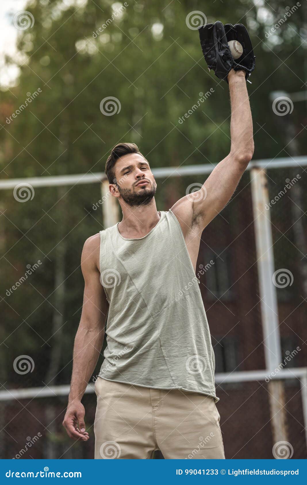 Handsome Man Catching Baseball Ball on Court Stock Image - Image of ...