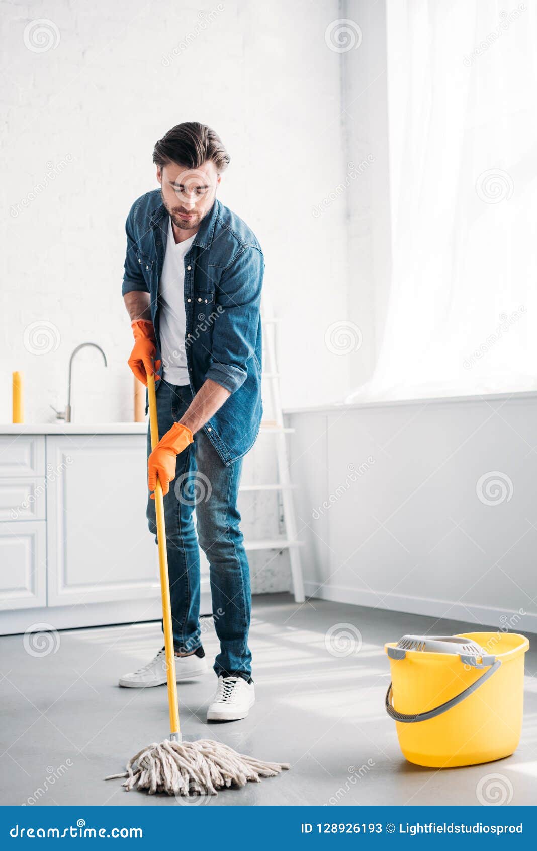 Handsome Man Cleaning Floor in Kitchen Stock Image - Image of cleanup ...