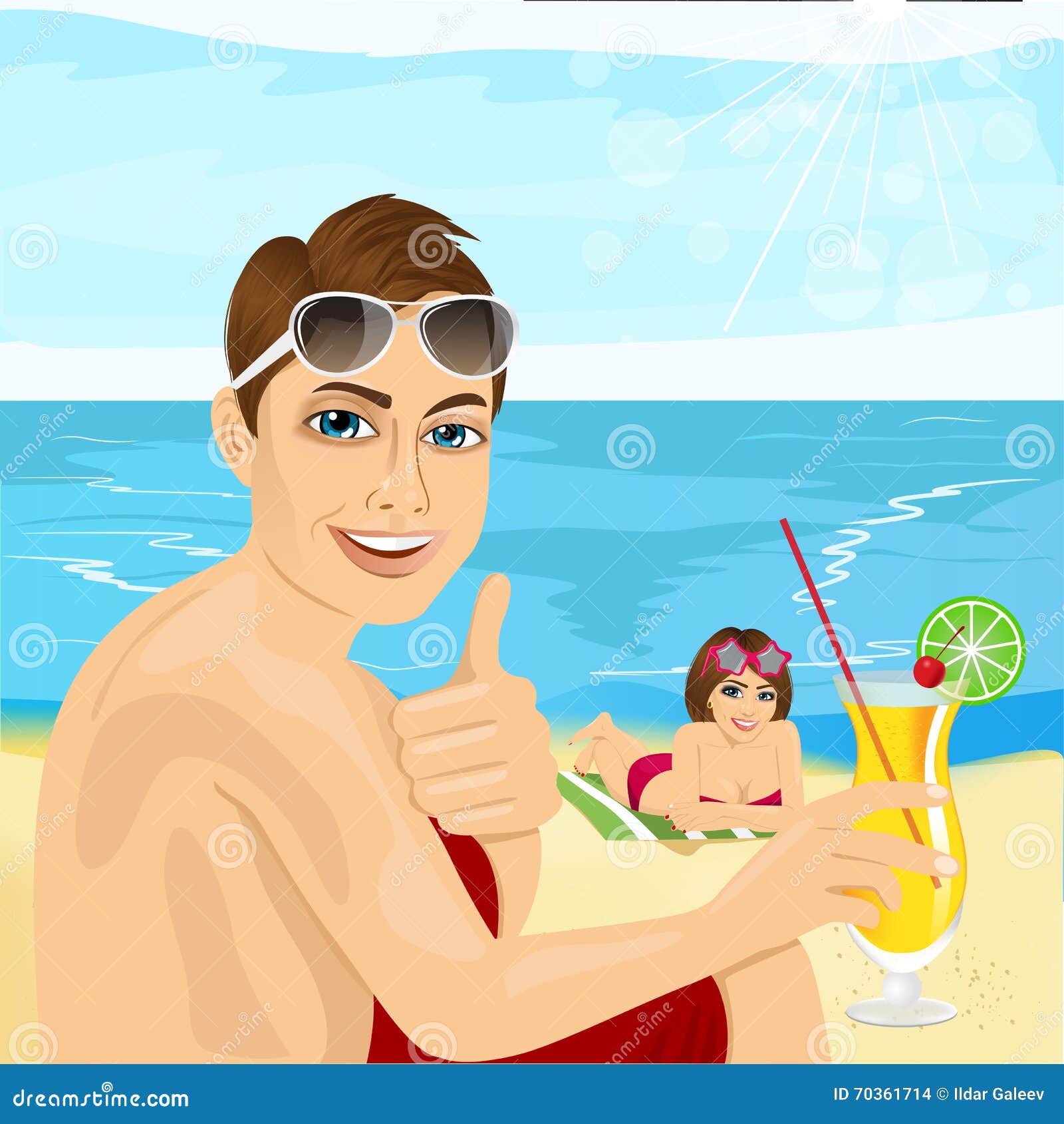 Handsome Man With Cocktail Sitting Near His Girlfriend Lying On Towel