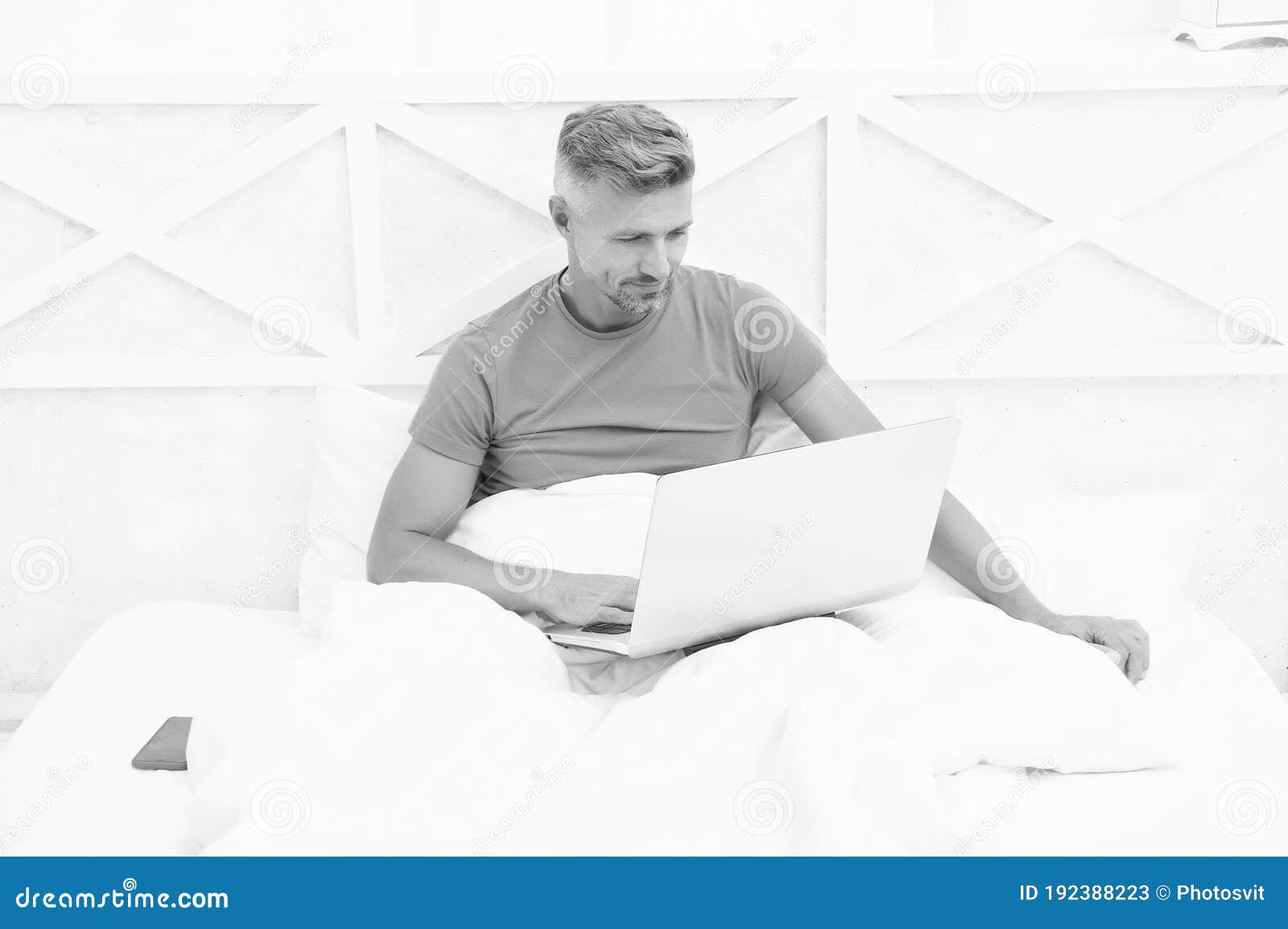 Handsome Man Communicate on Laptop. Use Notebook before Sleep. Male ...