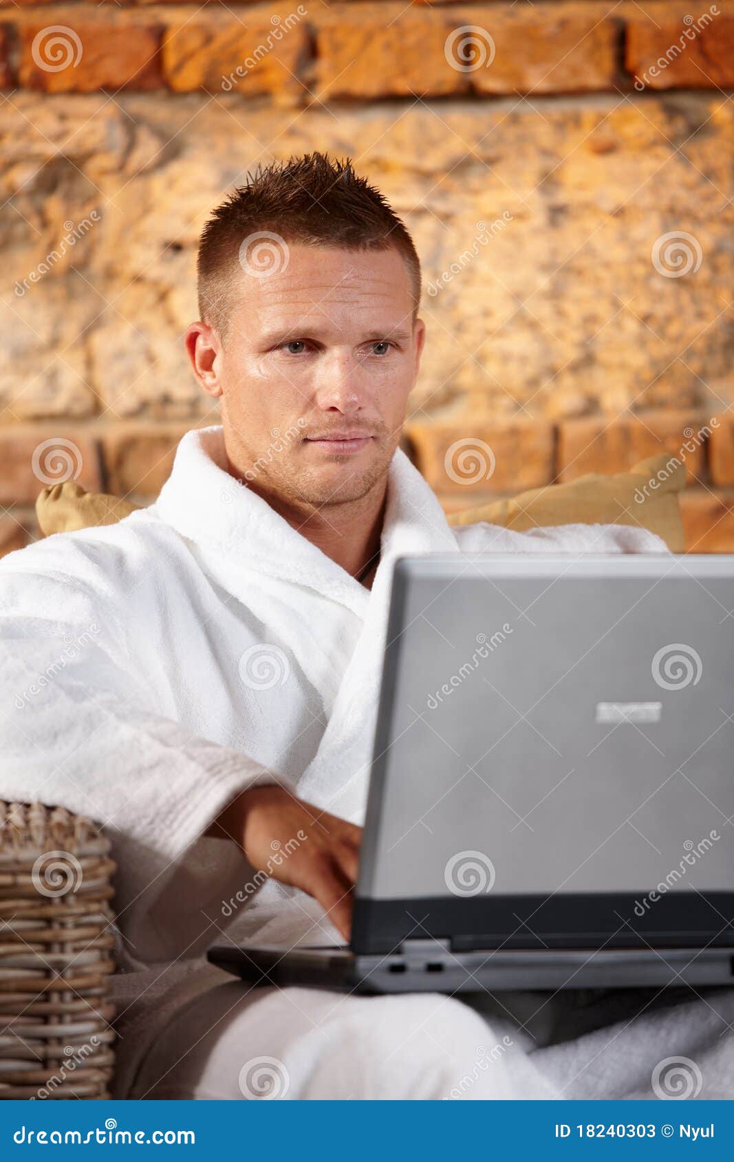 Handsome Man with Computer in Bathrobe Stock Image - Image of color ...