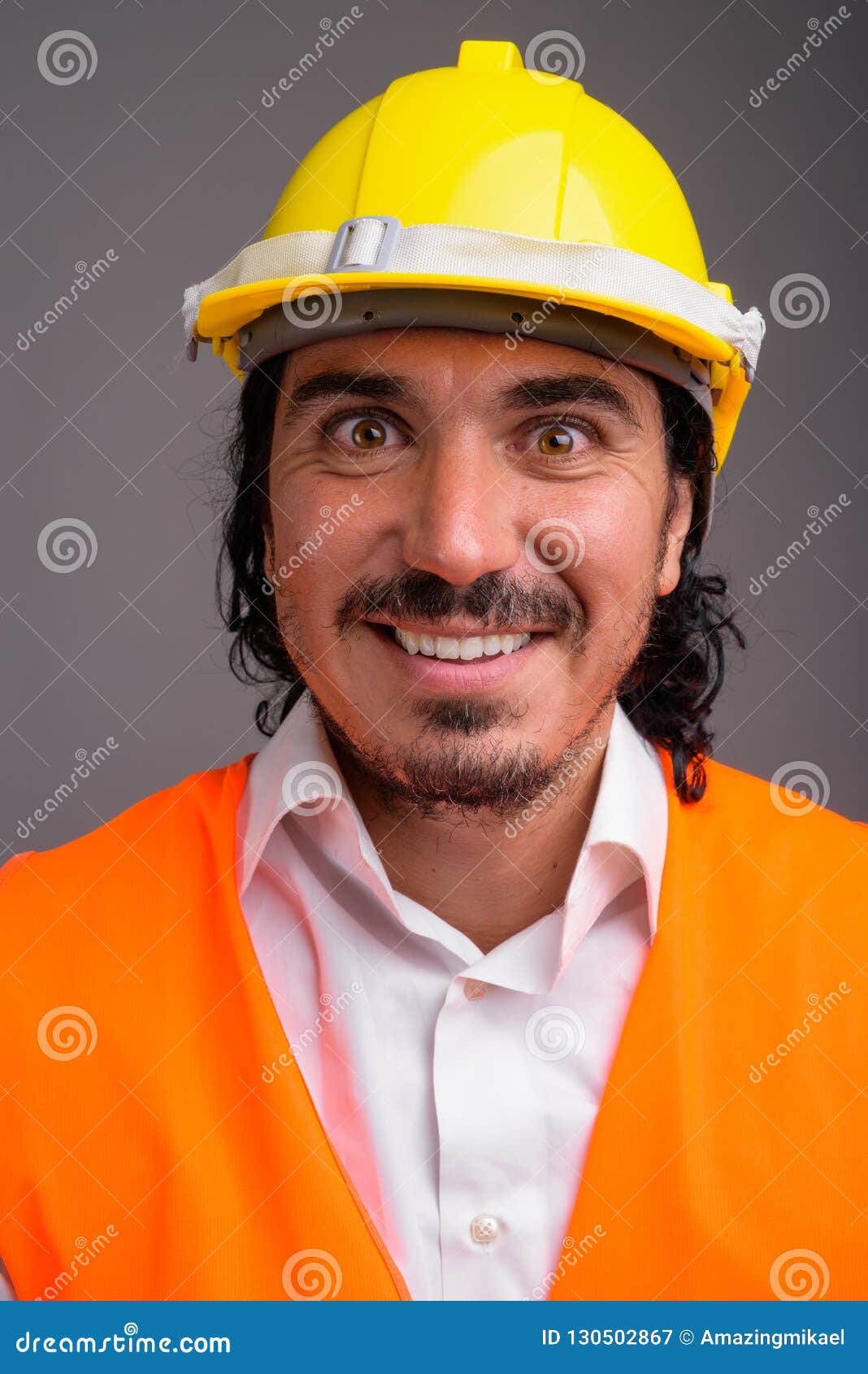 Handsome Man Construction Worker with Mustache Against Gray Back Stock ...