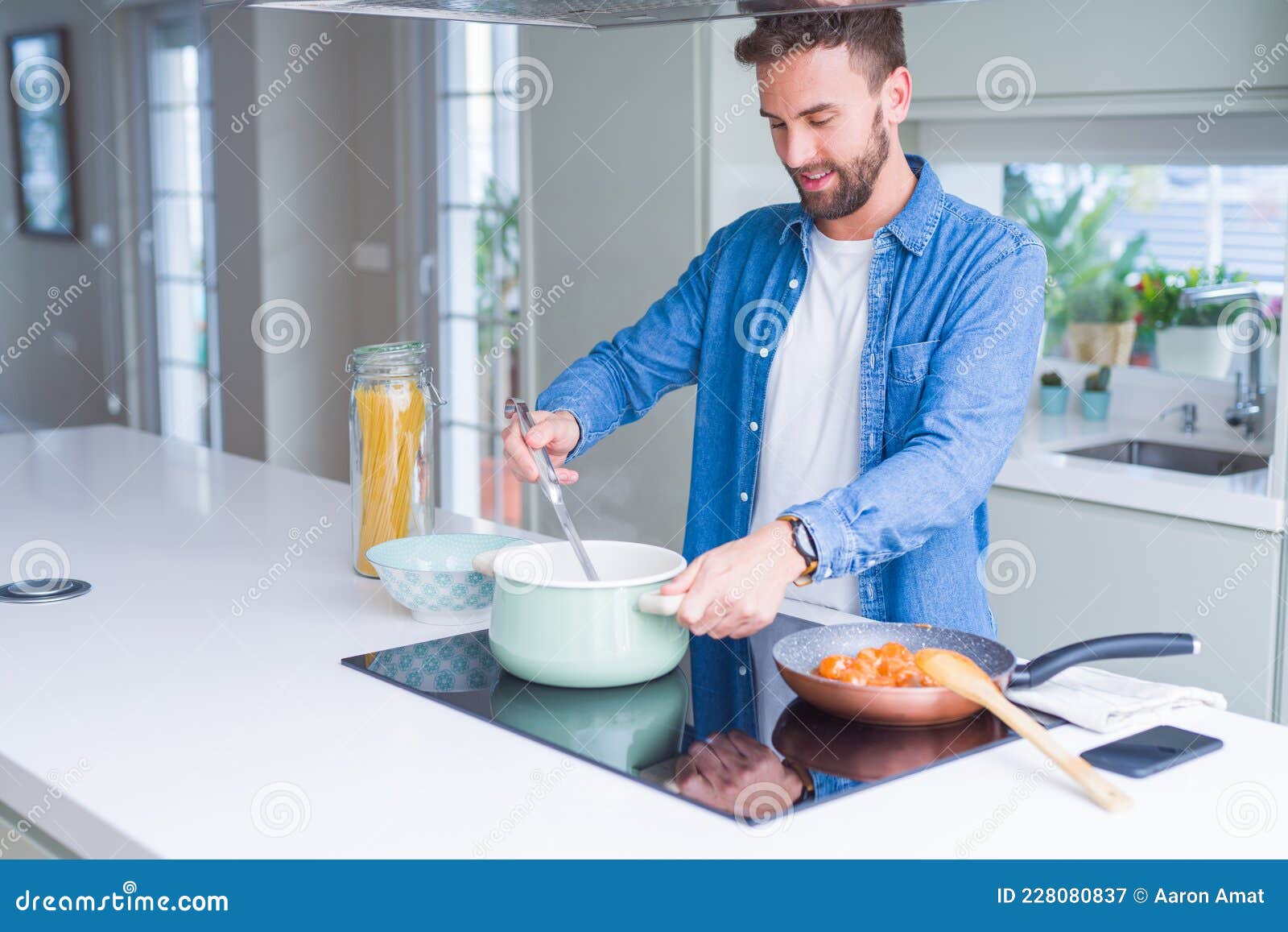 Handsome Man Cooking Pasta at Home Stock Image - Image of house, cooker ...