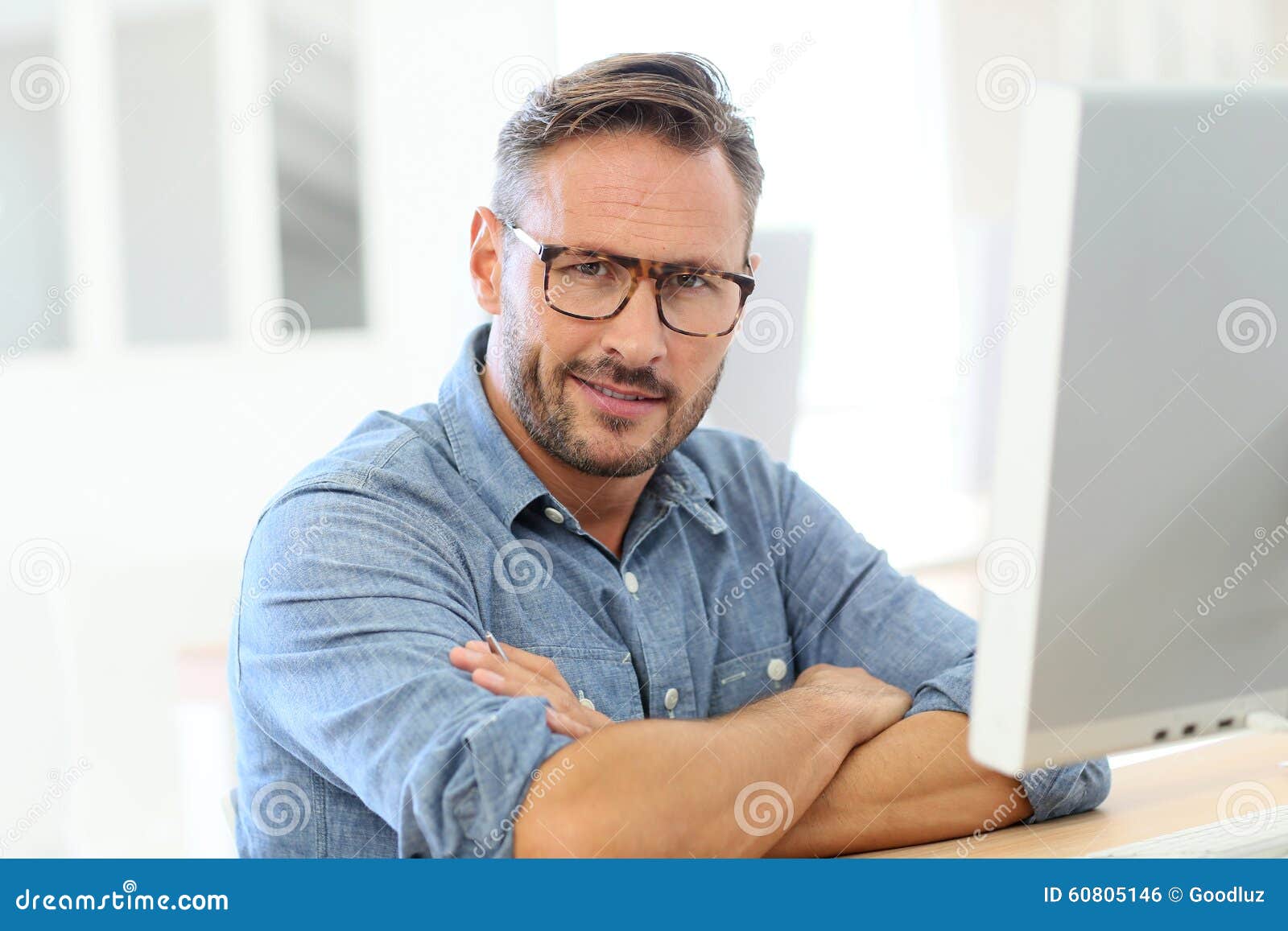 Handsome Man on Desktop Computer Stock Photo - Image of startup, desk ...