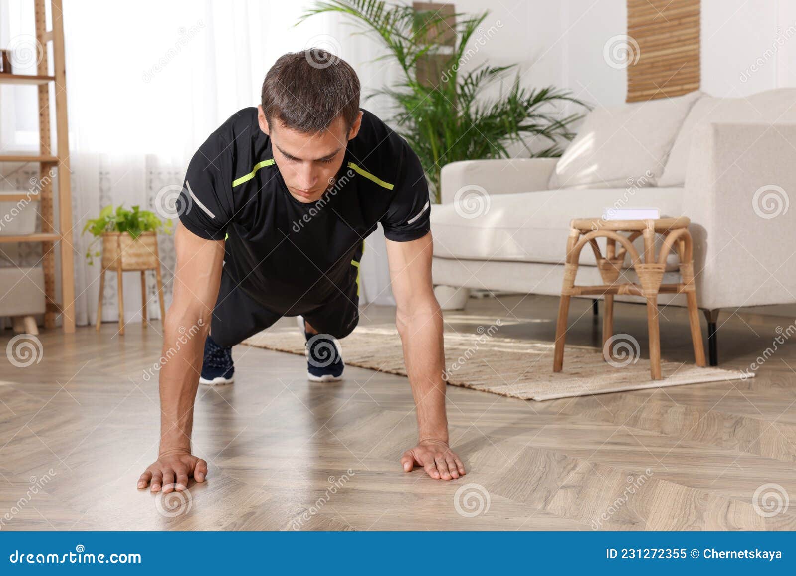 Handsome Man Doing High Plank Exercise on Floor at Home Stock Image ...