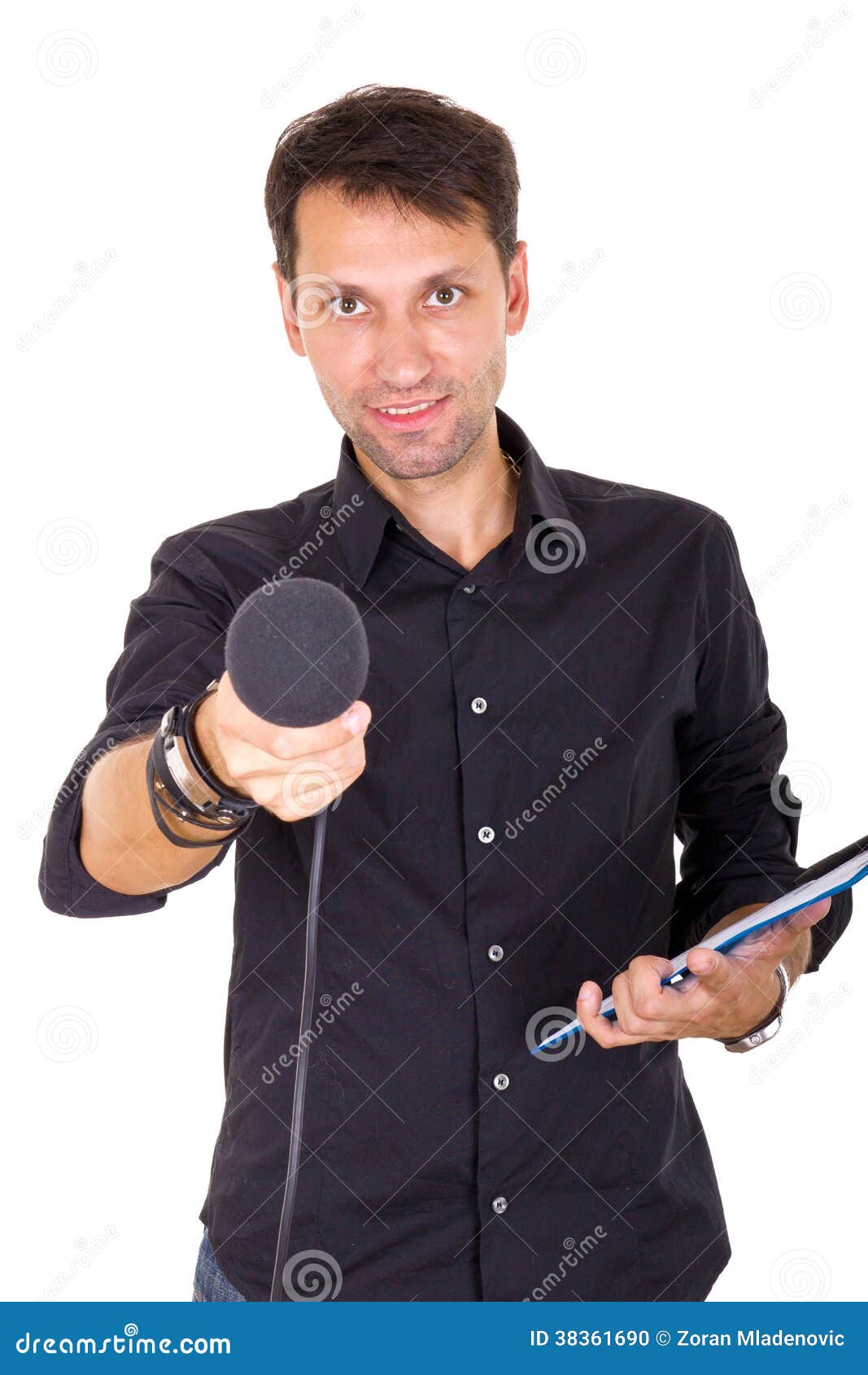 Handsome Man Doing Interview with Notes and Microphone Stock Photo ...
