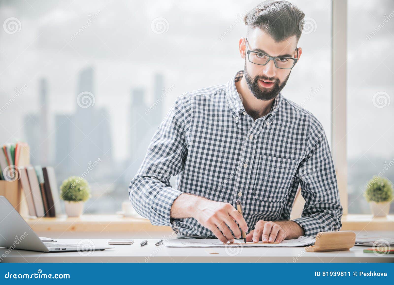 Handsome Man Doing Paperwork Stock Image - Image of desktop, examining ...