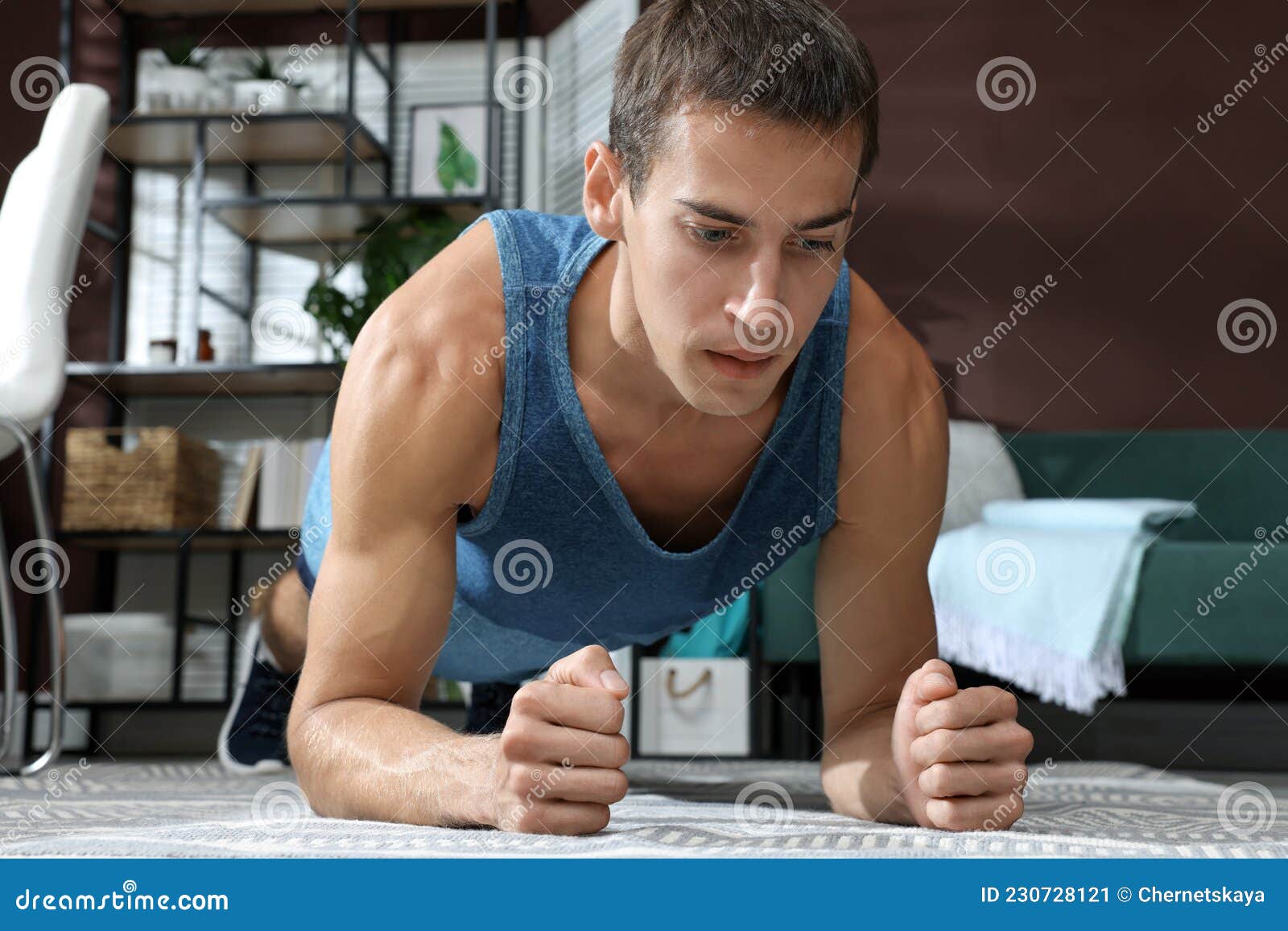Handsome Man Doing Plank Exercise on Floor at Home Stock Image - Image ...
