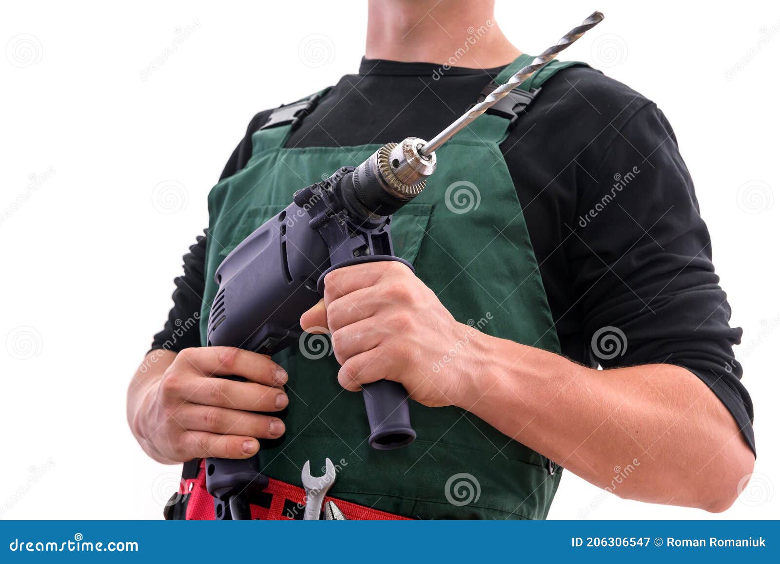 Handsome Man with Drill Machine Posing Isolated on White. Worker in ...