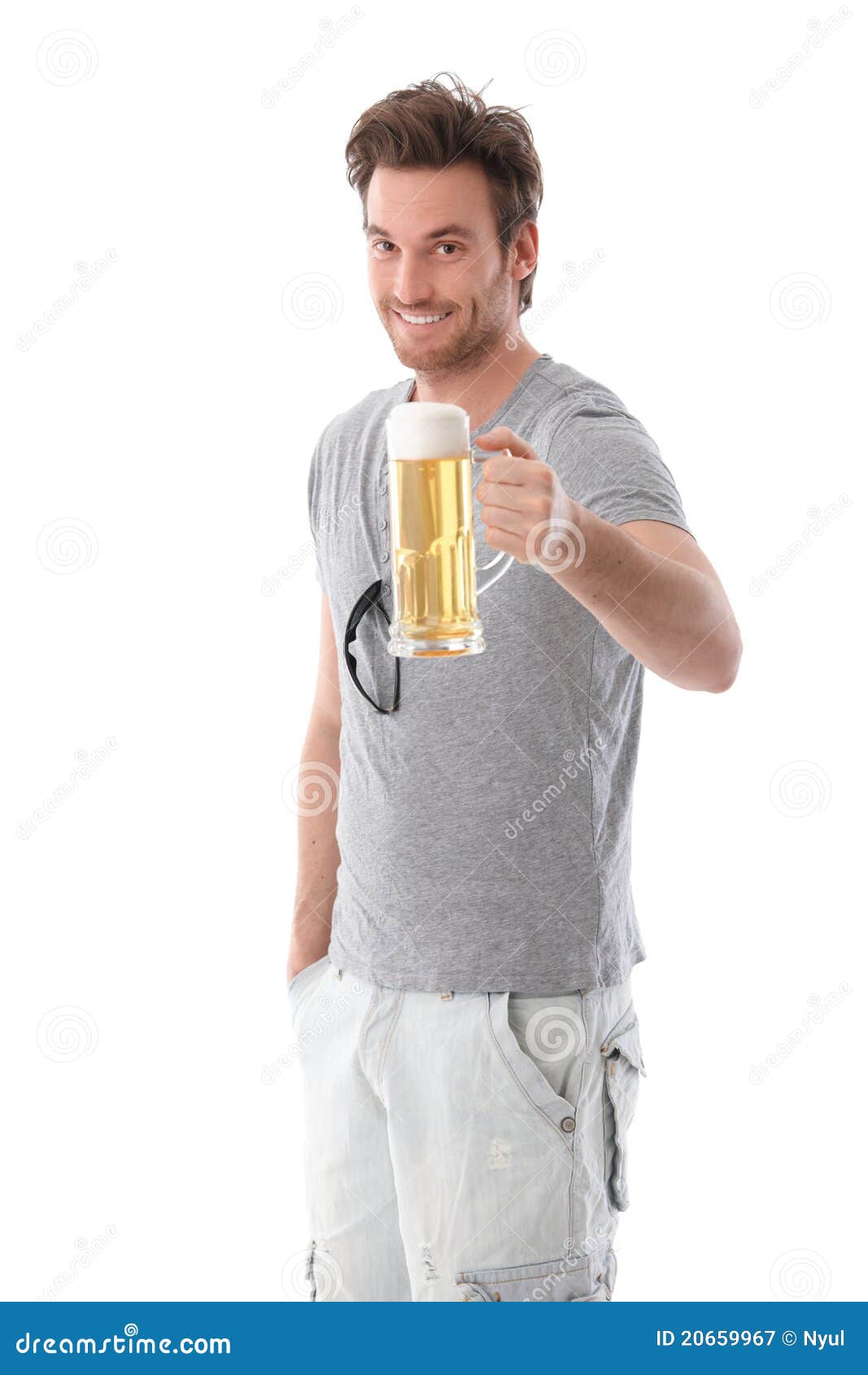 Handsome Man Drinking Beer Smiling Stock Image - Image of good, cutout ...