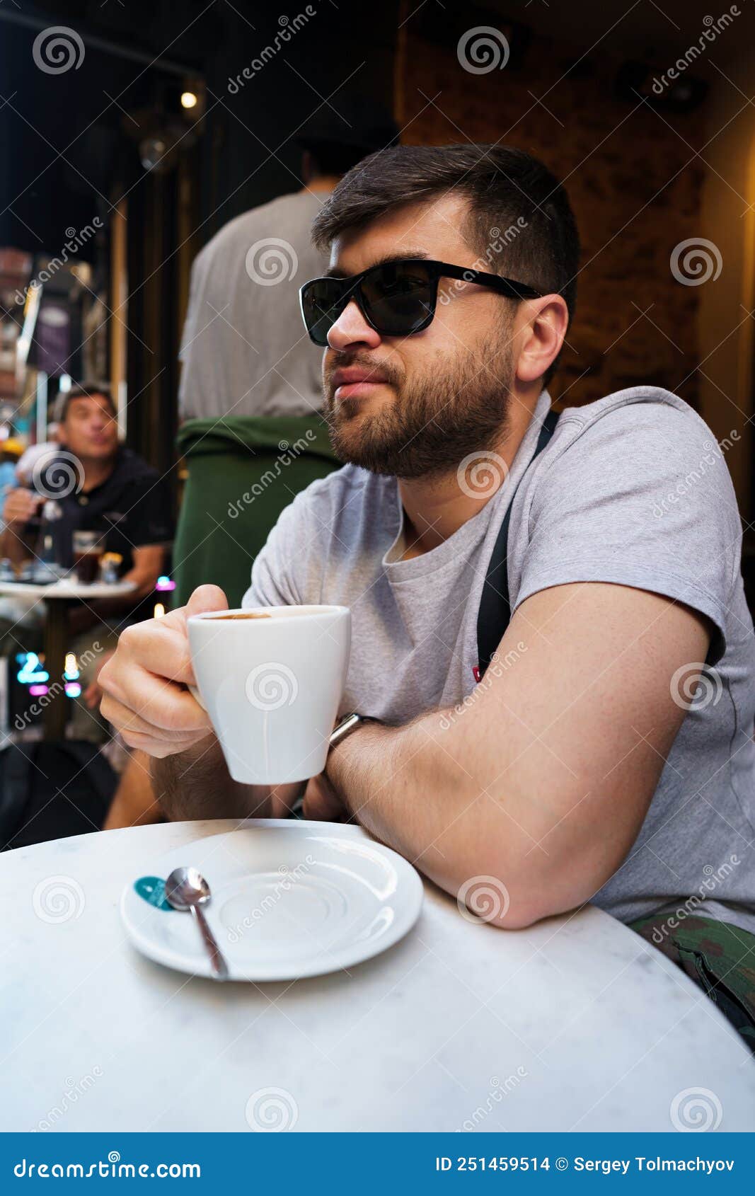 Handsome Man Drinking Coffee in Outdoor Cafe Stock Photo - Image of ...