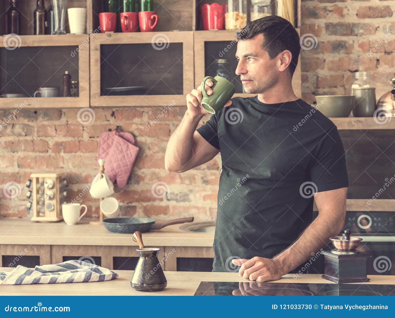 Handsome man drinks coffee stock photo. Image of retro - 121033730