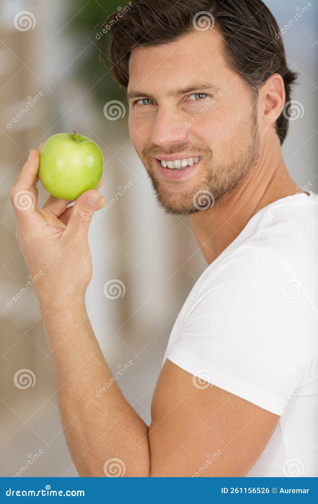 Handsome Man Eating Fresh Healthy Green Apple Stock Photo - Image of ...
