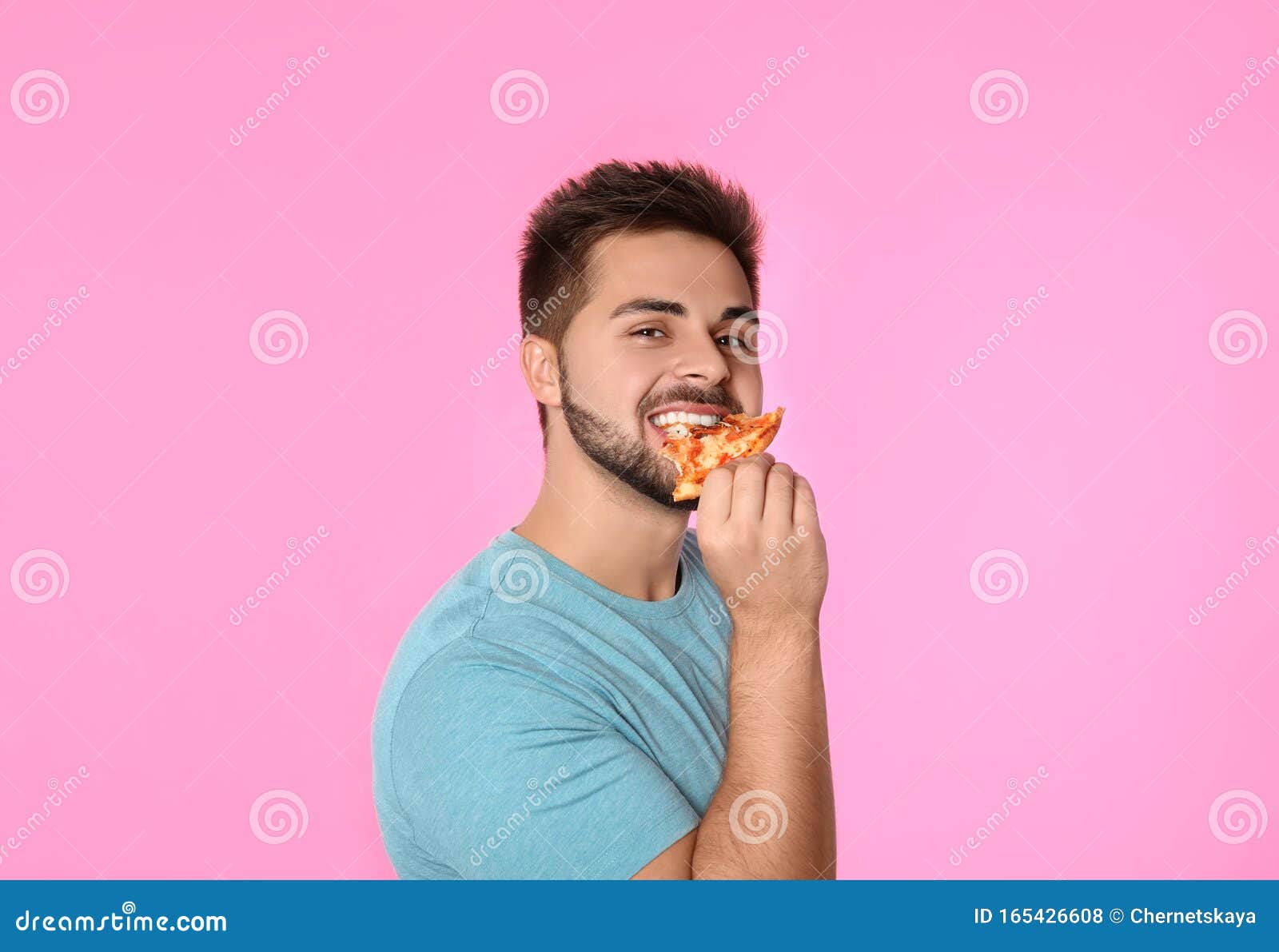 Handsome Man Eating Pizza on Background Stock Photo - Image of cook ...