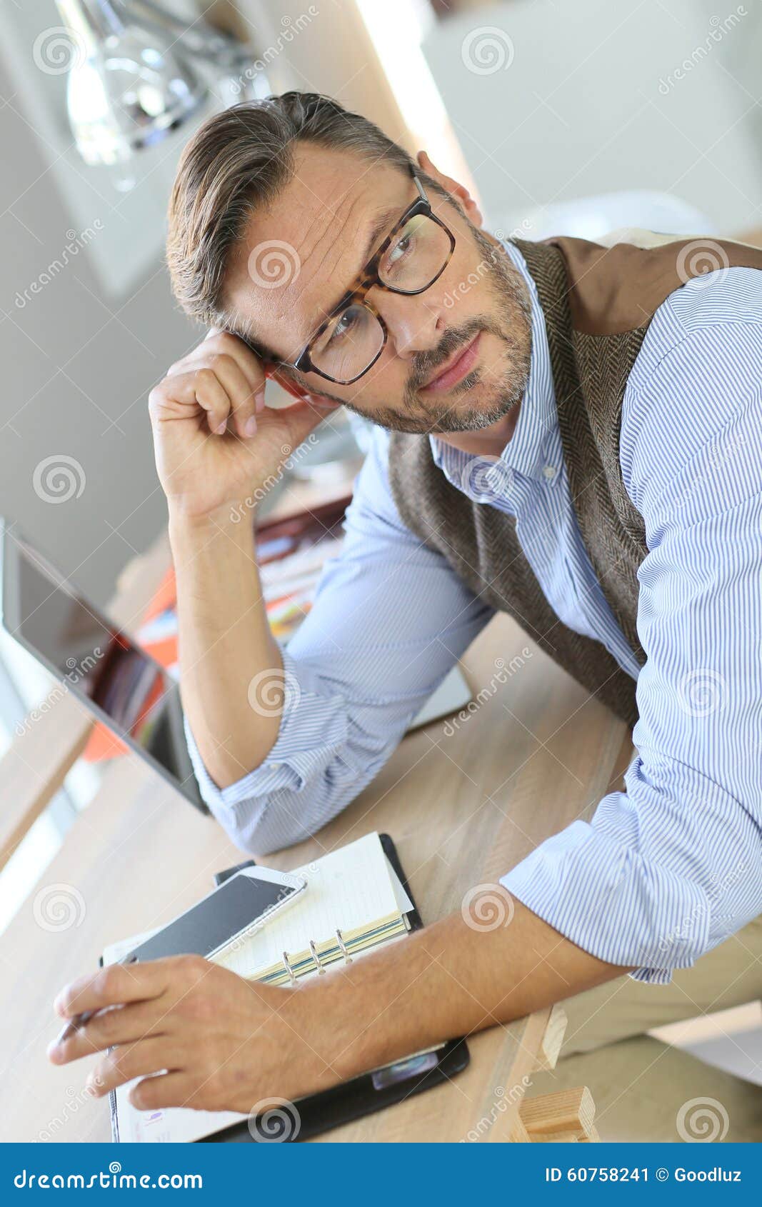 Handsome Man with Eyeglasses Working at Office Stock Image - Image of ...