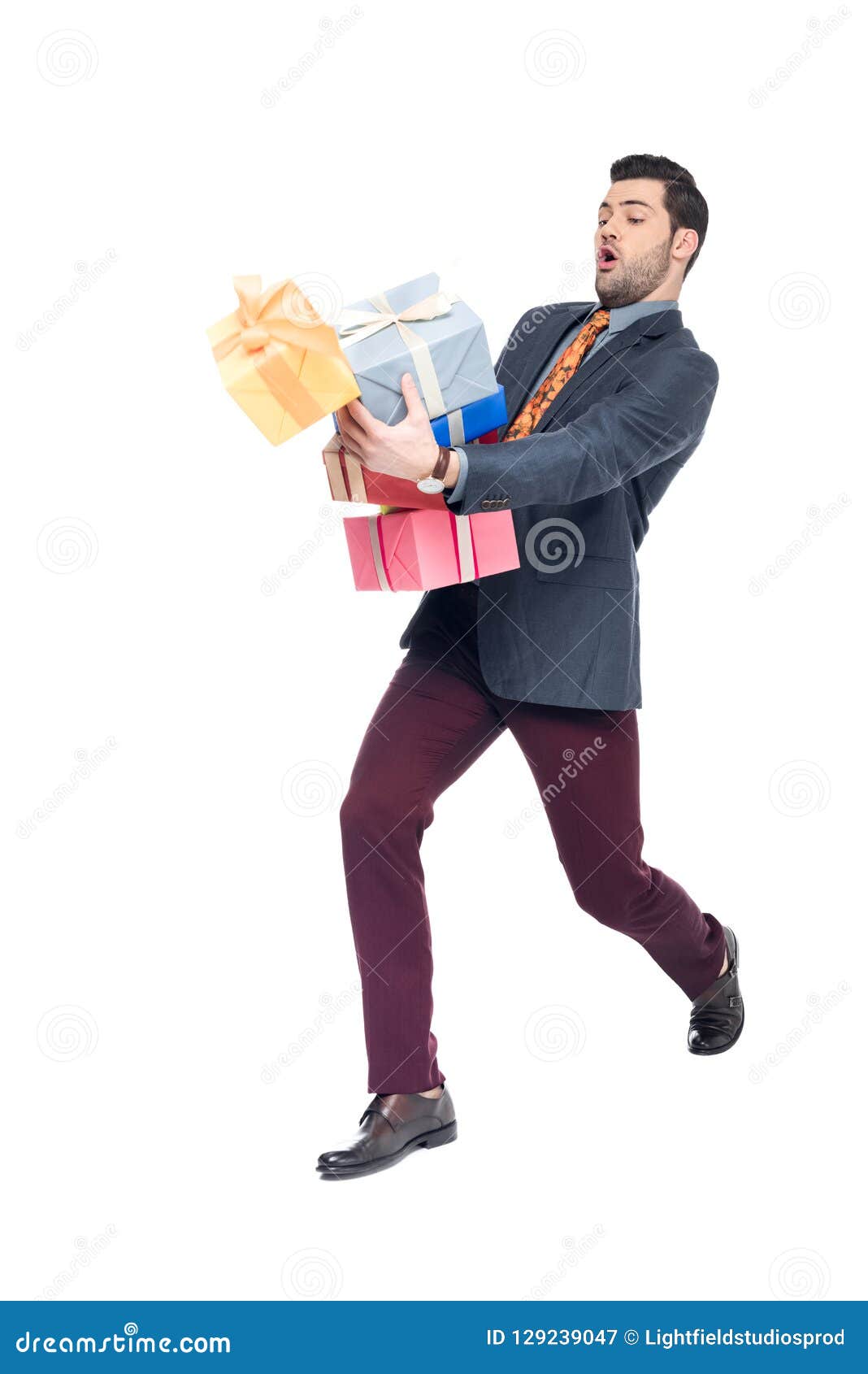 Handsome Man with Falling Gift Boxes Stock Image - Image of person ...