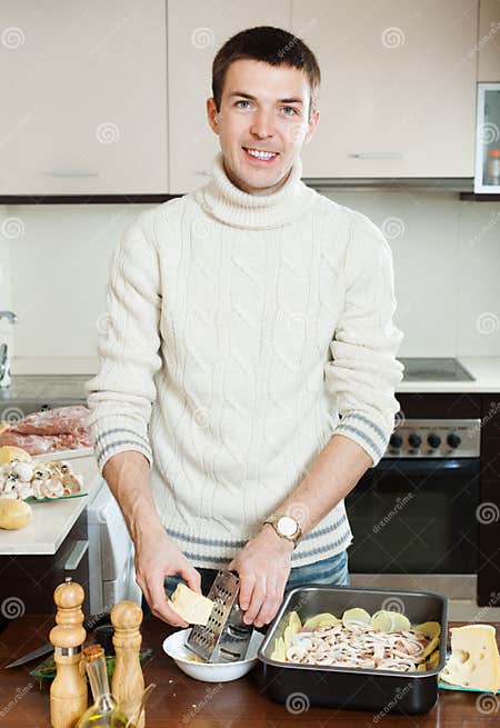 Handsome Man Grating Cheese on Grater Stock Image - Image of grating ...