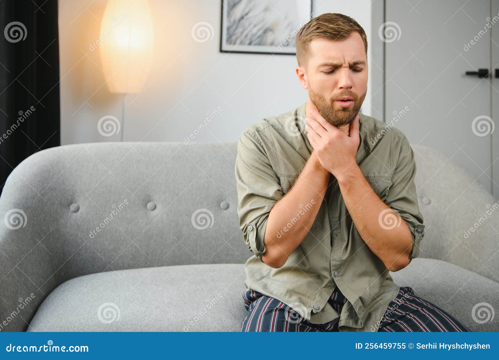 Handsome Man Having a Sore Throat at His Home Stock Image - Image of ...