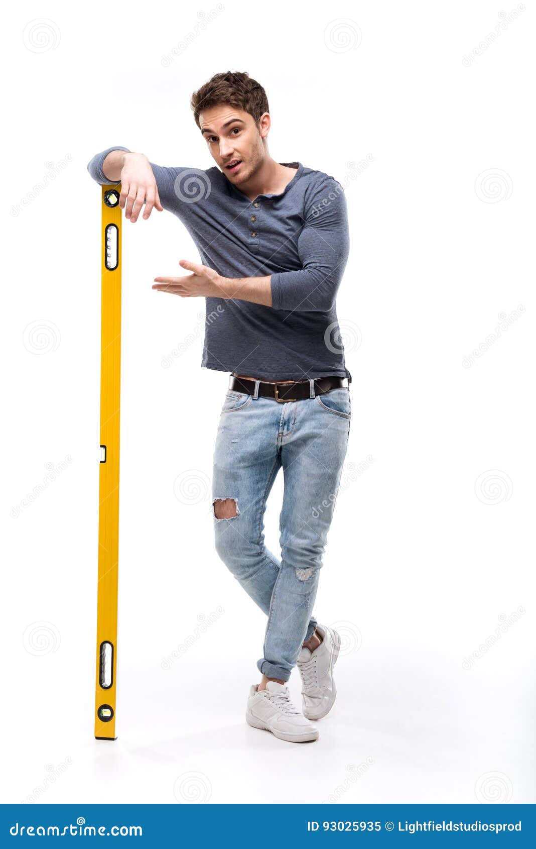 Handsome Man Holding Building Level Isolated on White Stock Image ...