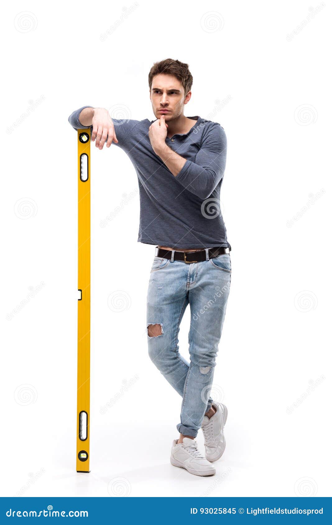 Handsome Man Holding Building Level Isolated on White, Handyman Tools ...