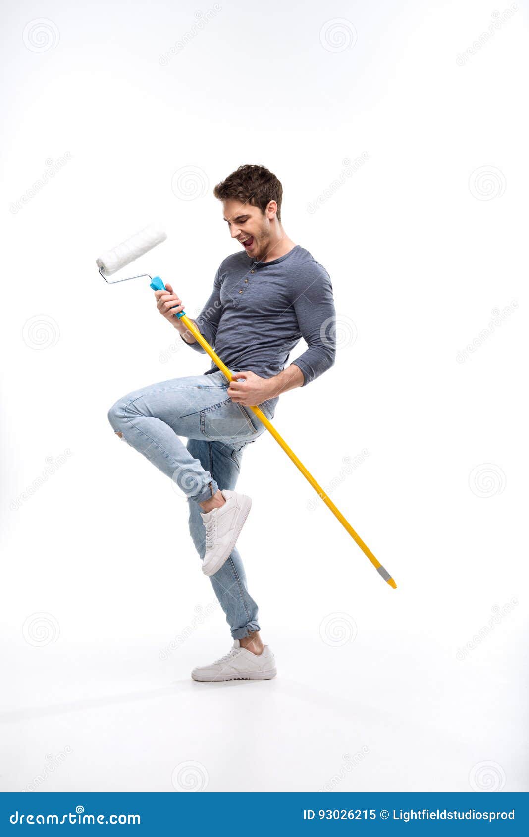 Handsome Man Holding Paint Roller Isolated on White Stock Image - Image ...