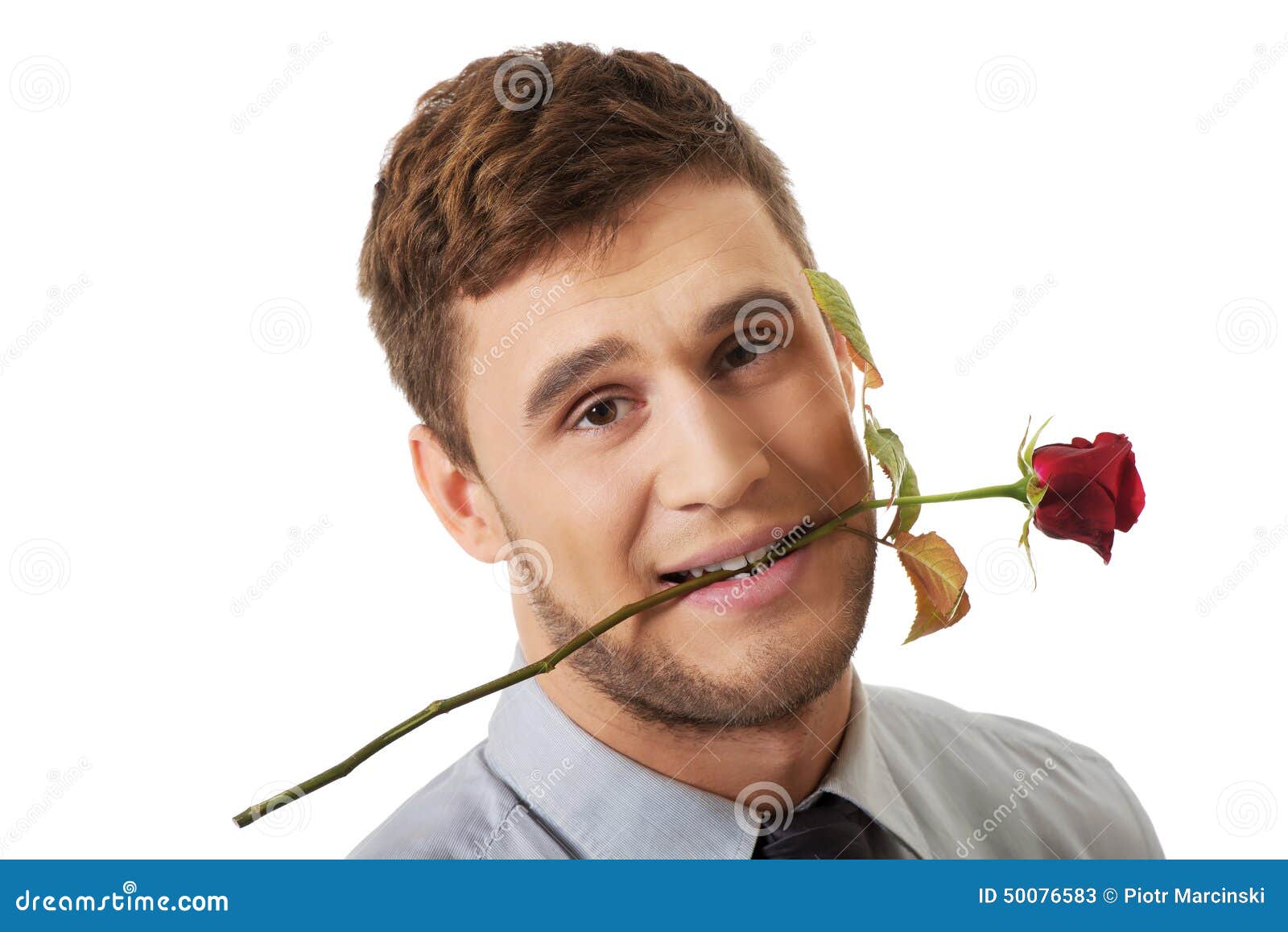 Handsome Man Holding Red Rose in His Mouth. Stock Image - Image of ...
