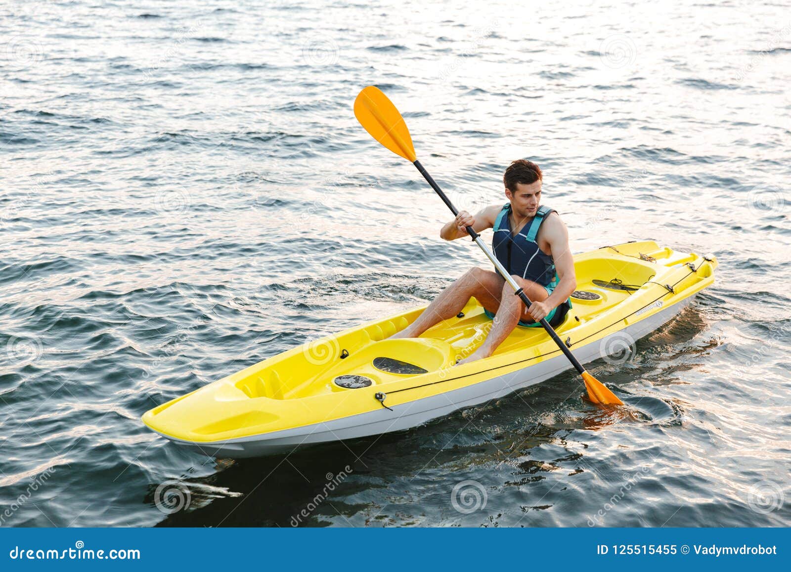 Handsome Man Kayaking on Lake Sea in Boat. Stock Image - Image of ...