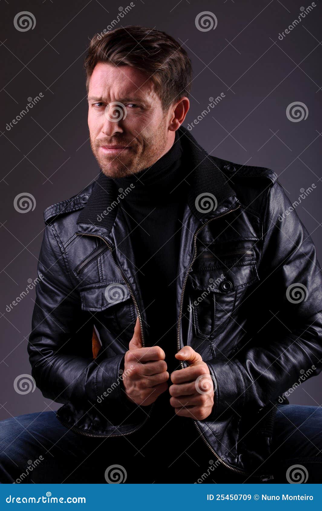 Handsome Man in Leather Jacket Seated Stock Image - Image of charming ...